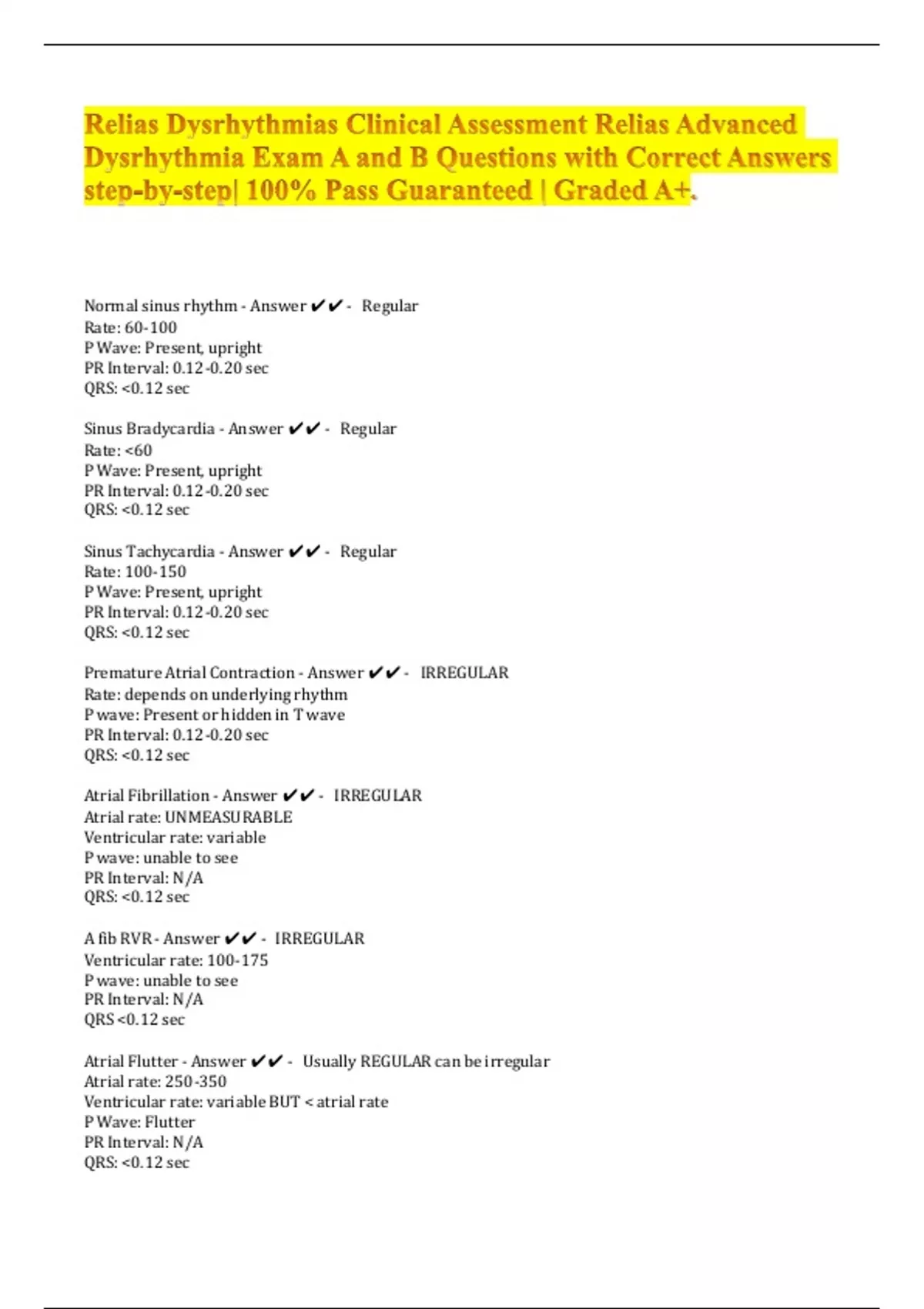 Relias Dysrhythmias Clinical Assessment Relias Advanced Dysrhythmia Exam A and B Questions with ...