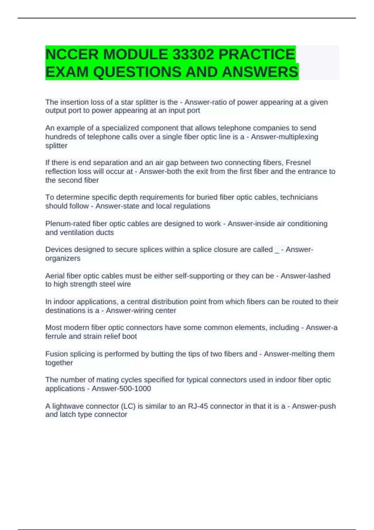 NCCER MODULE 33302 PRACTICE EXAM QUESTIONS AND ANSWERS - NCCER - Stuvia US