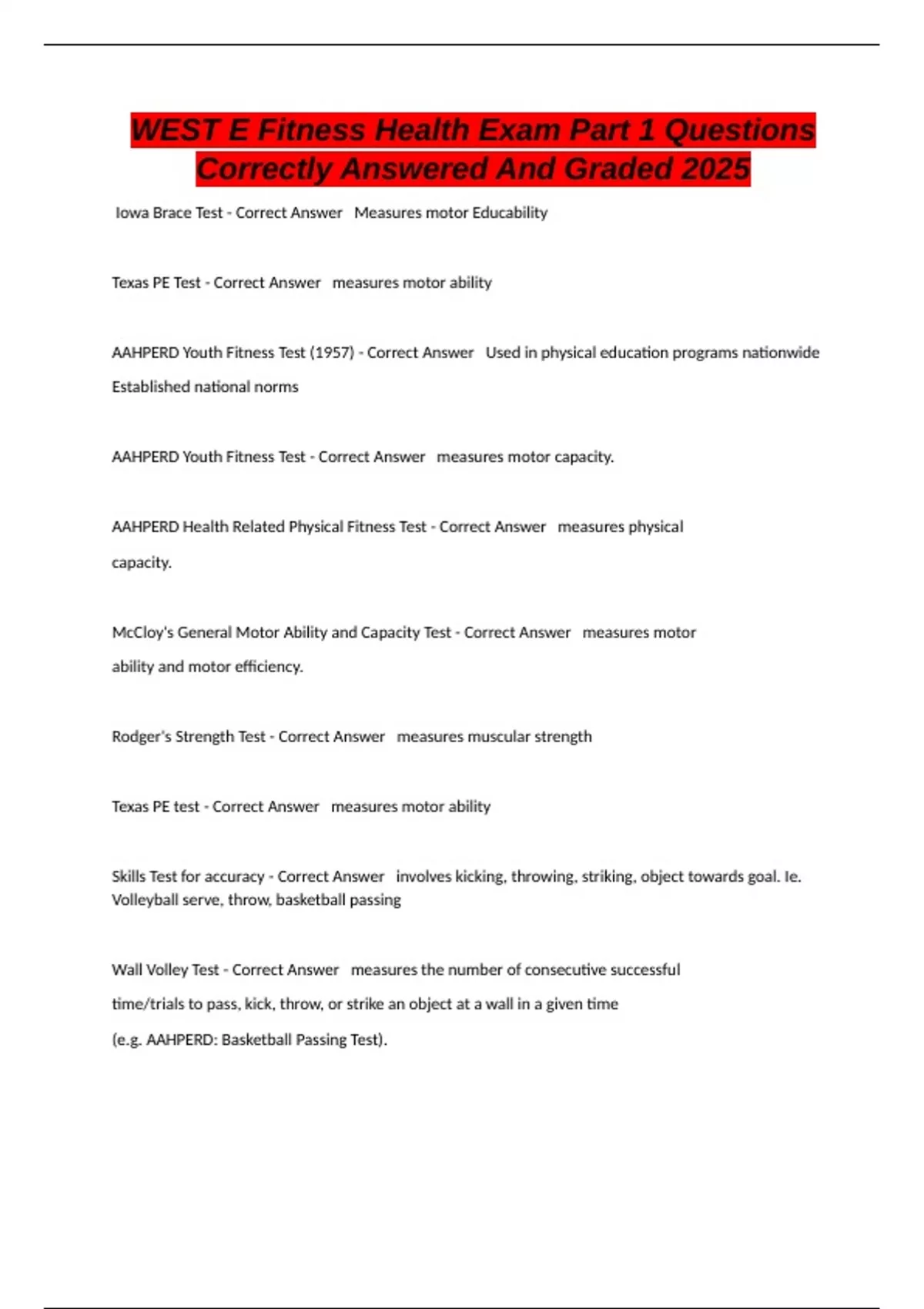 WEST E Fitness Health Exam Part 1 Questions Correctly Answered And ...