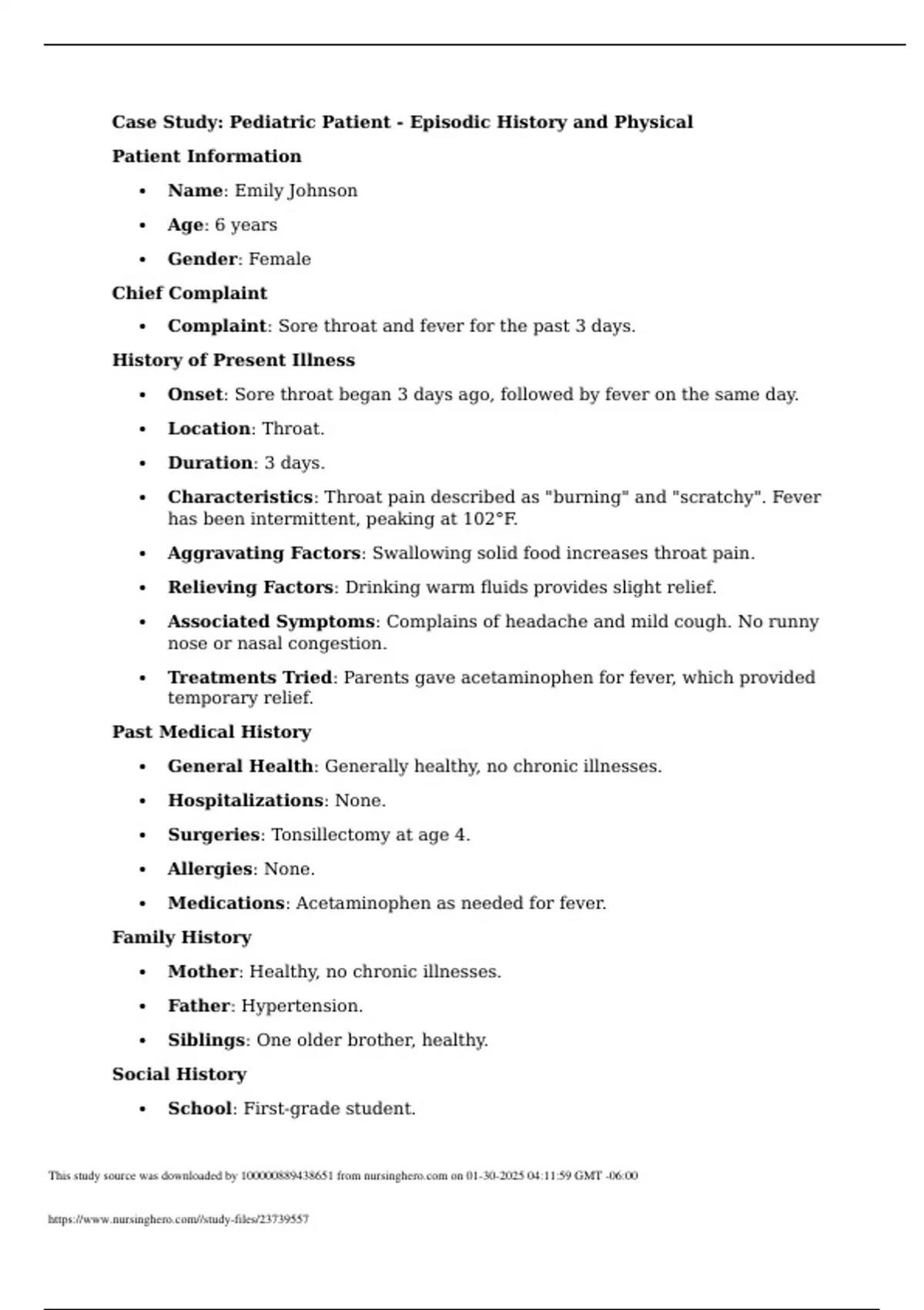 Case Study1 Pediatric Patient Episodic History and Physical latest 2025 ...
