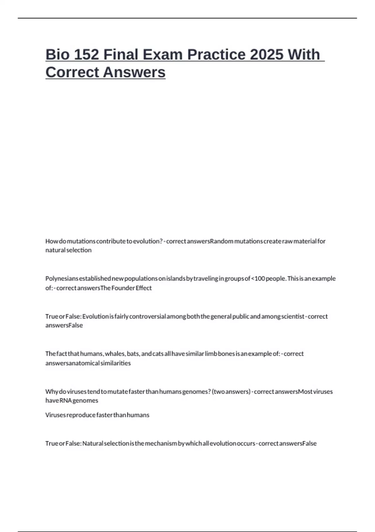 Bio 152 Final Exam Practice 2025 With Correct Answers - Bio 152 - Stuvia US