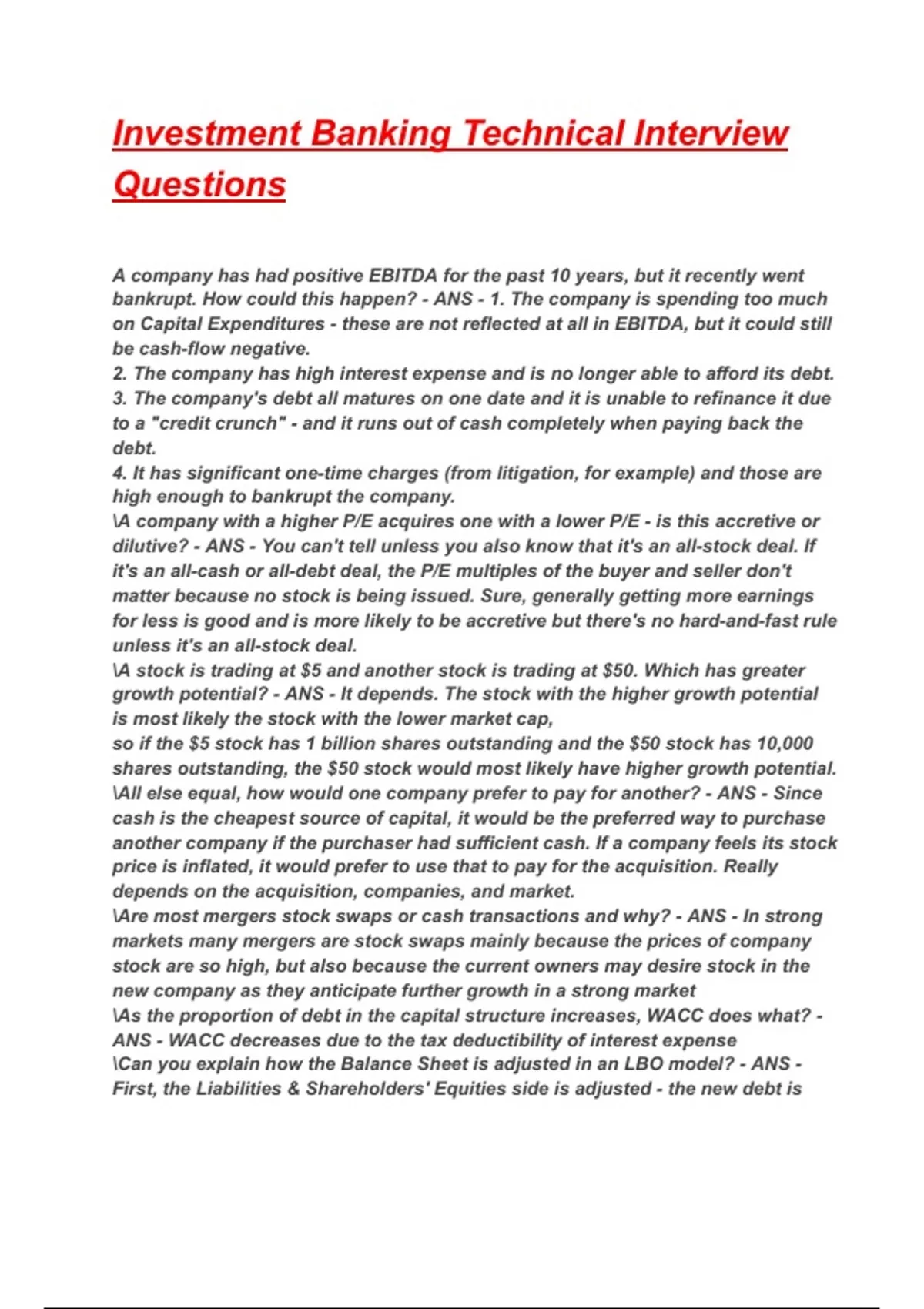 Investment Banking Technical Interview Exam 2025/2026 Questions With ...