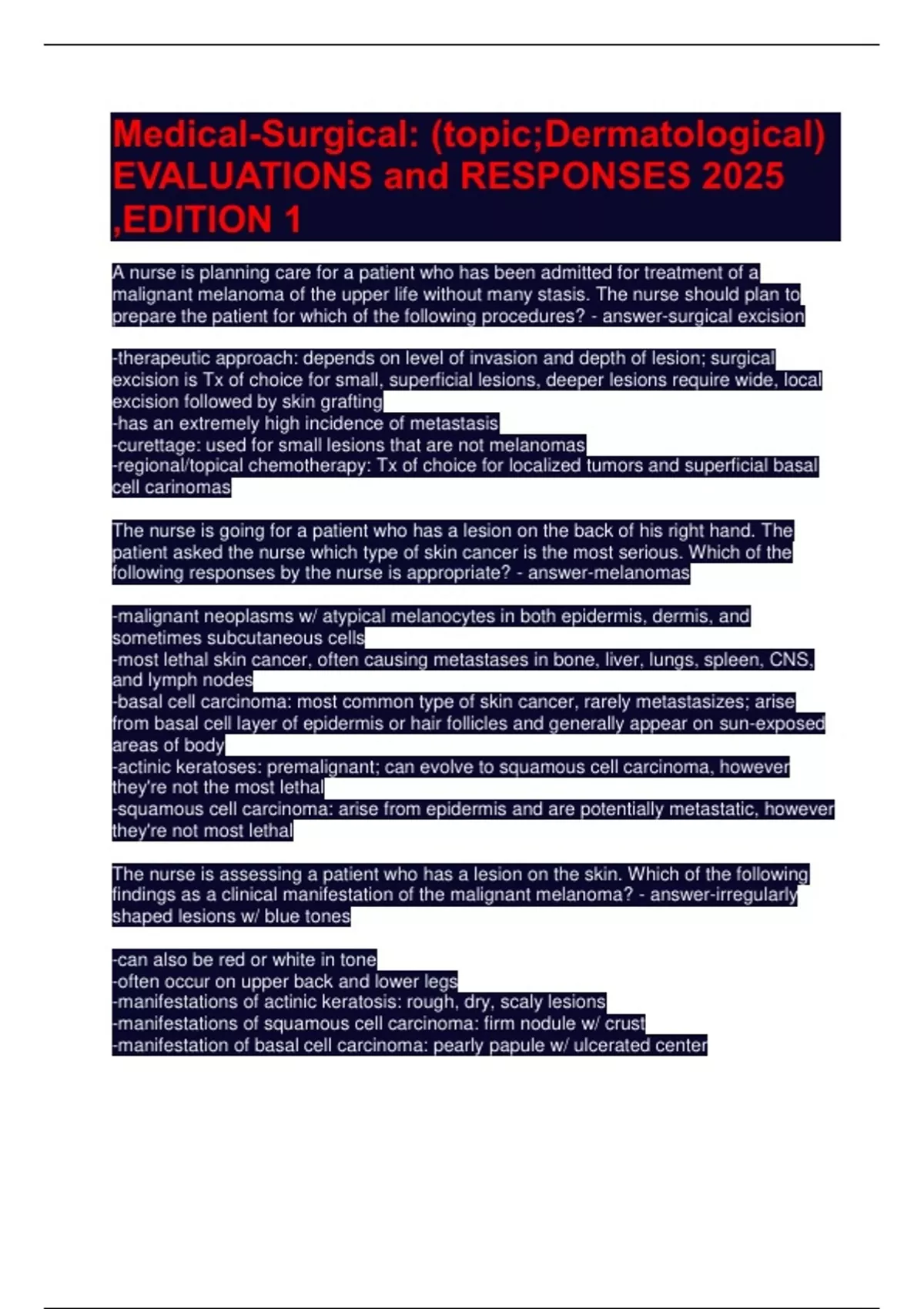 Medical-Surgical: (topic;Dermatological) EVALUATIONS and RESPONSES 2025 ...