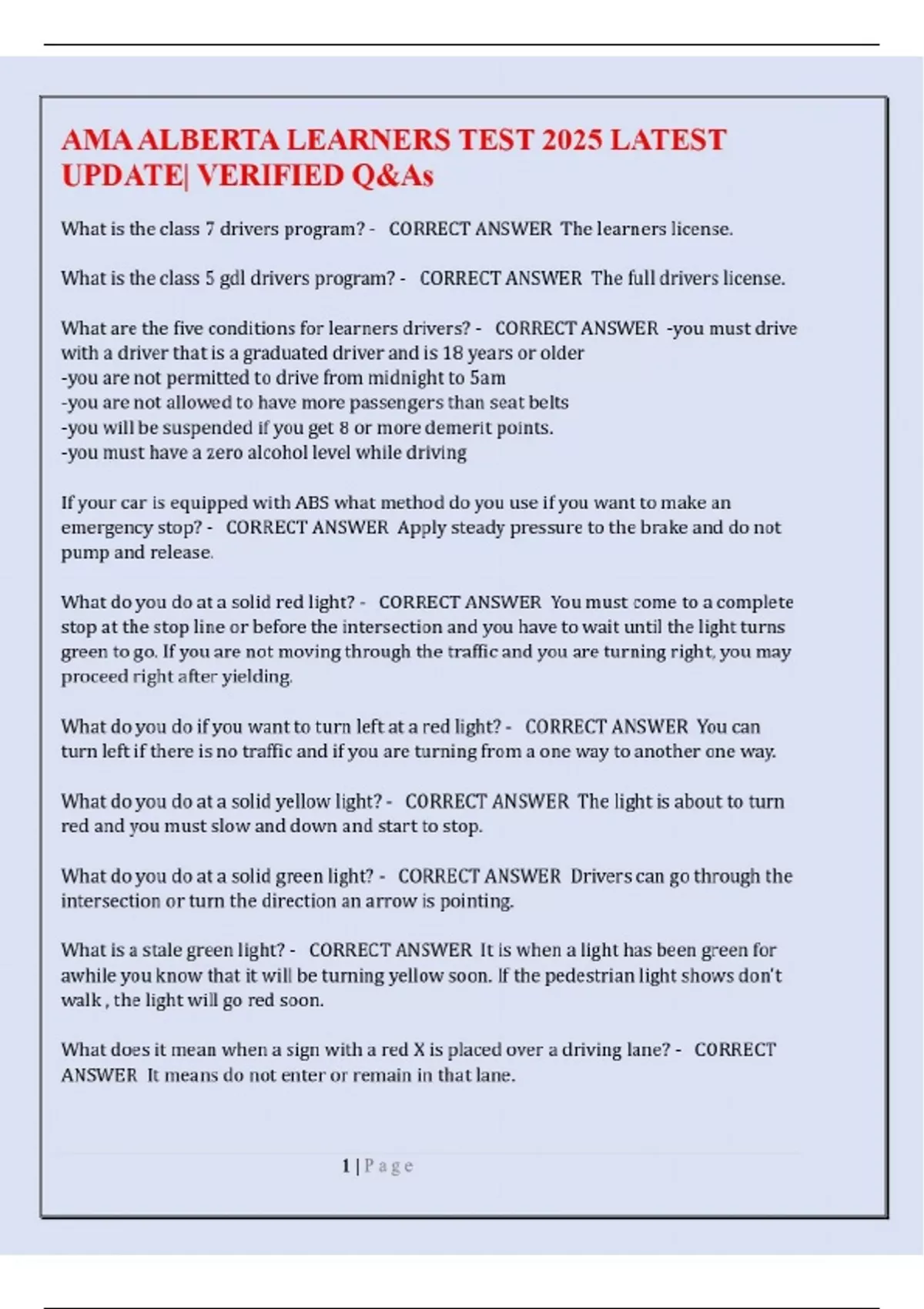 AMA ALBERTA LEARNERS TEST 2025 LATEST UPDATE| VERIFIED Q&As - AMA ...