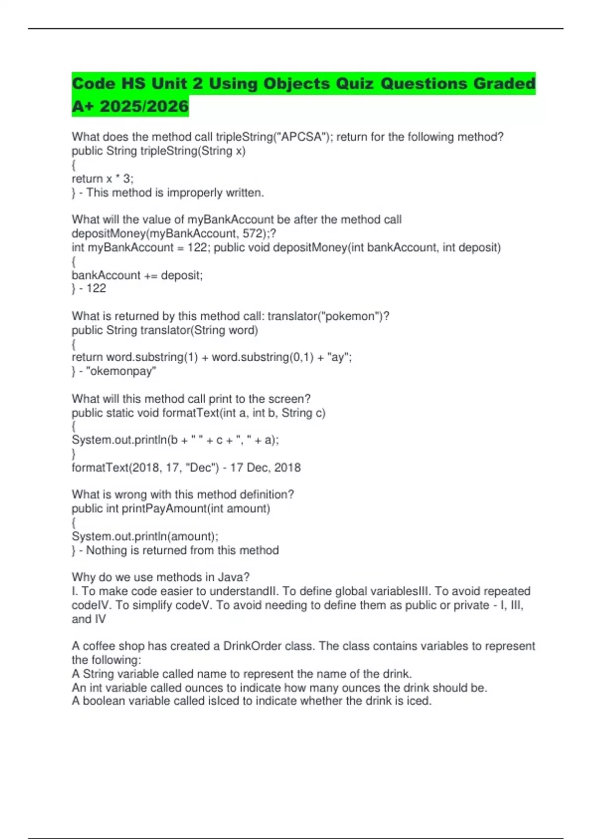 Code HS Unit 2 Using Objects Quiz Questions Graded A+ 2025/2026 - CODE HS - Stuvia US