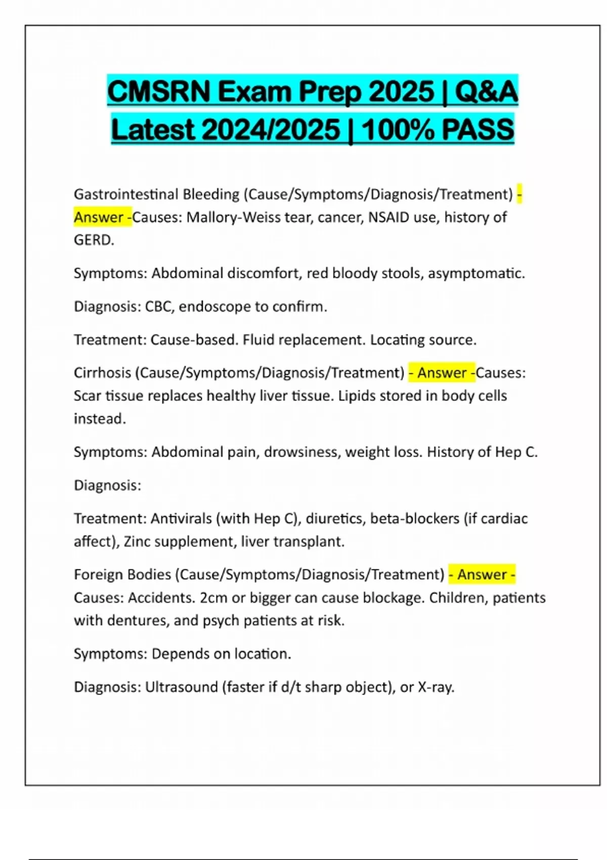 CMSRN Exam Prep 2025 | Q&A Latest 2024/2025 | 100% PASS - CMSRN - Stuvia US