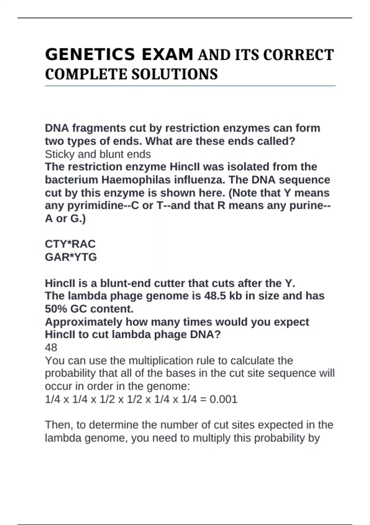 GENETICS EXAM AND ITS CORRECT COMPLETE SOLUTIONS - GENETICS - Stuvia US