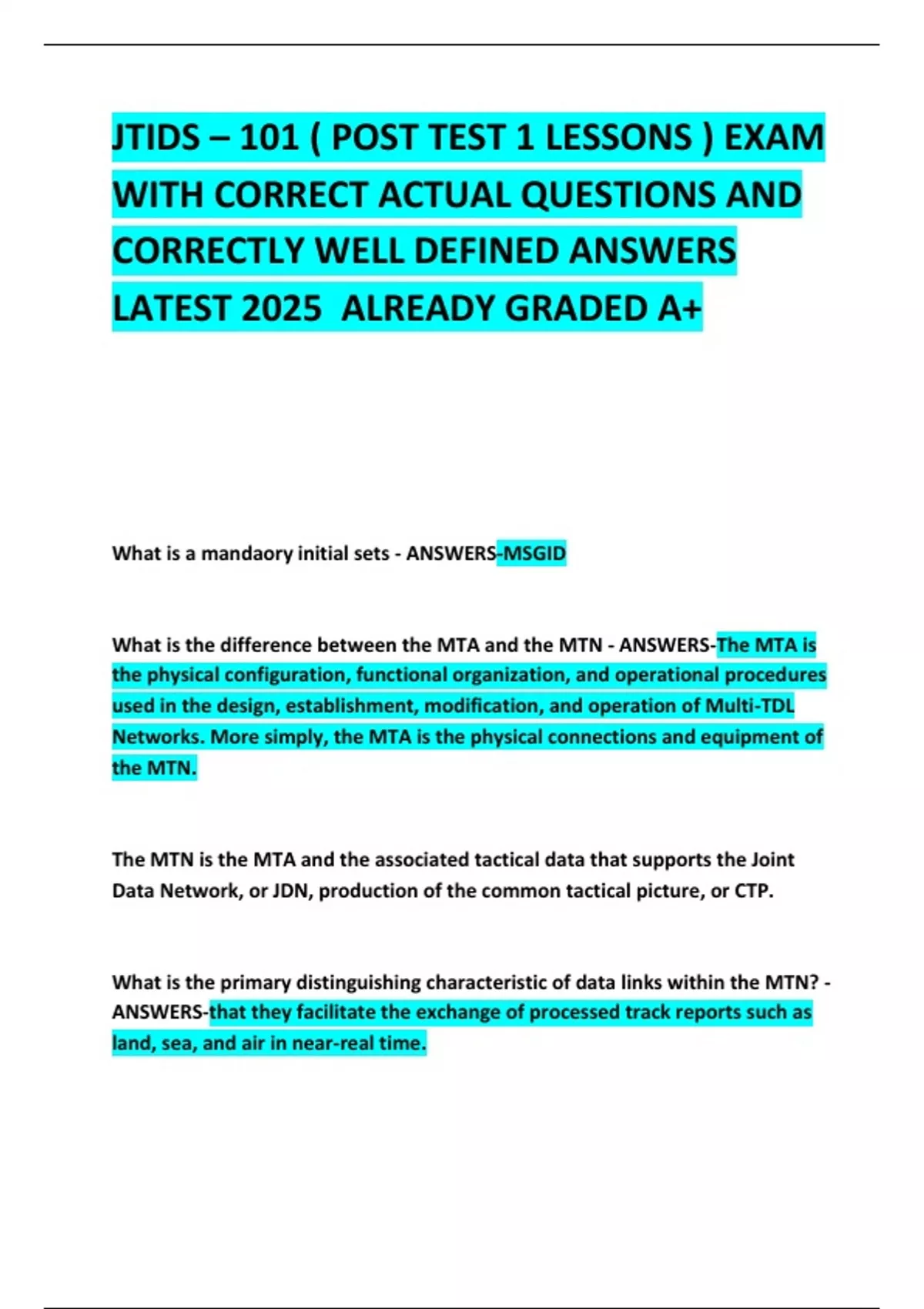 JTIDS – 101 ( POST TEST 1 LESSONS ) EXAM WITH CORRECT ACTUAL QUESTIONS ...