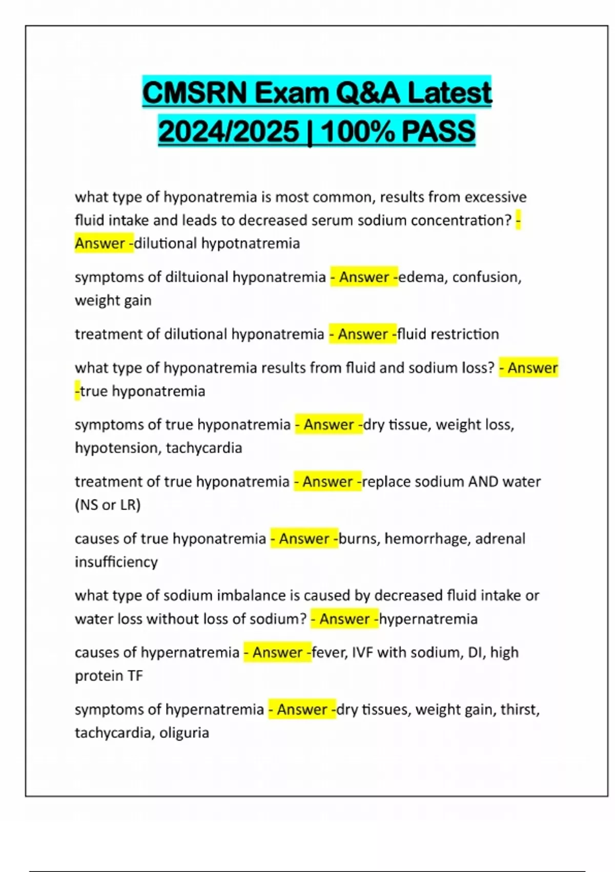 CMSRN Exam Q&A Latest 2024/2025 | 100% PASS - CMSRN - Stuvia US