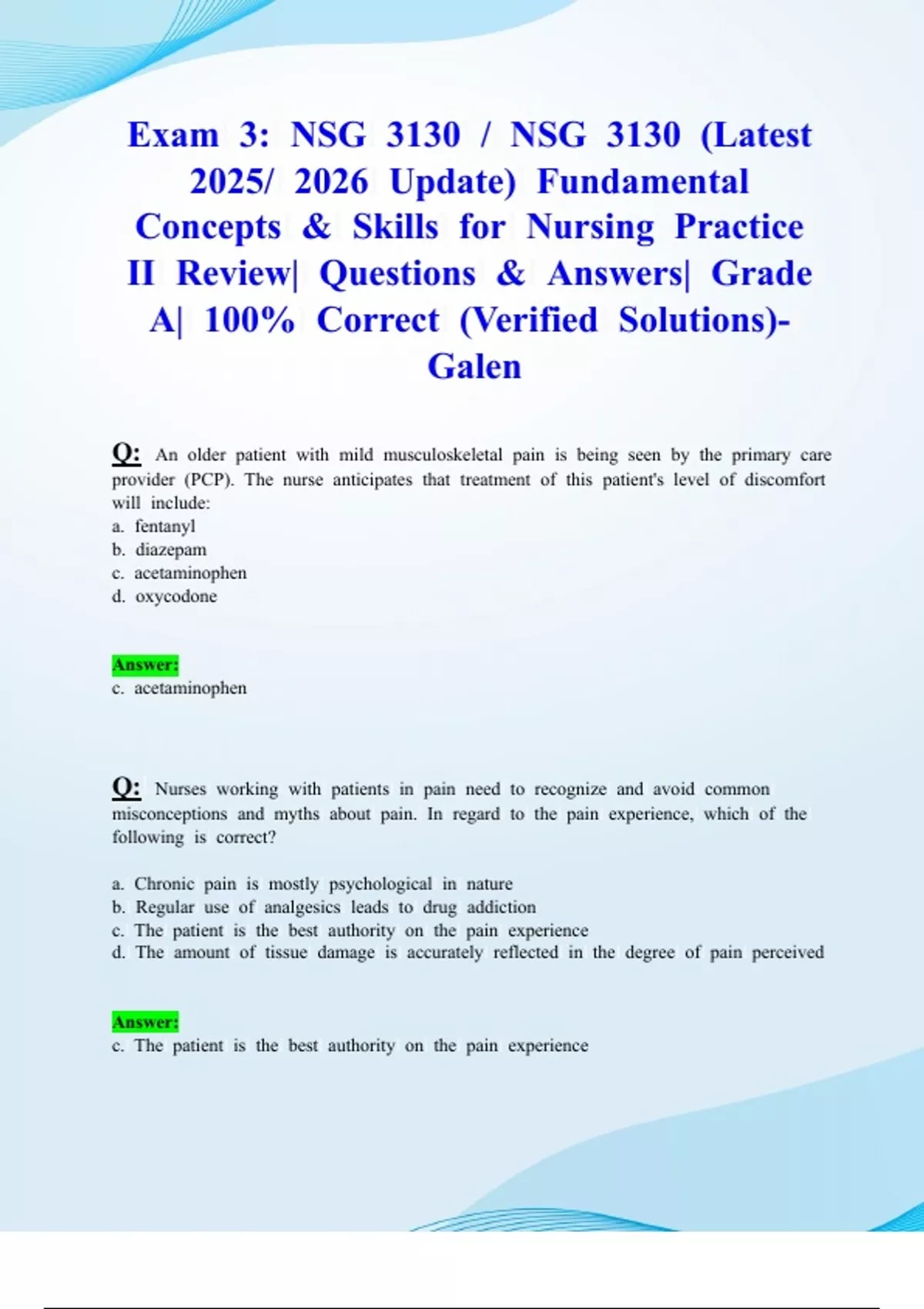 Exam 3: NSG 3130 / NSG 3130 (Latest 2025/ 2026 Update) Fundamental ...