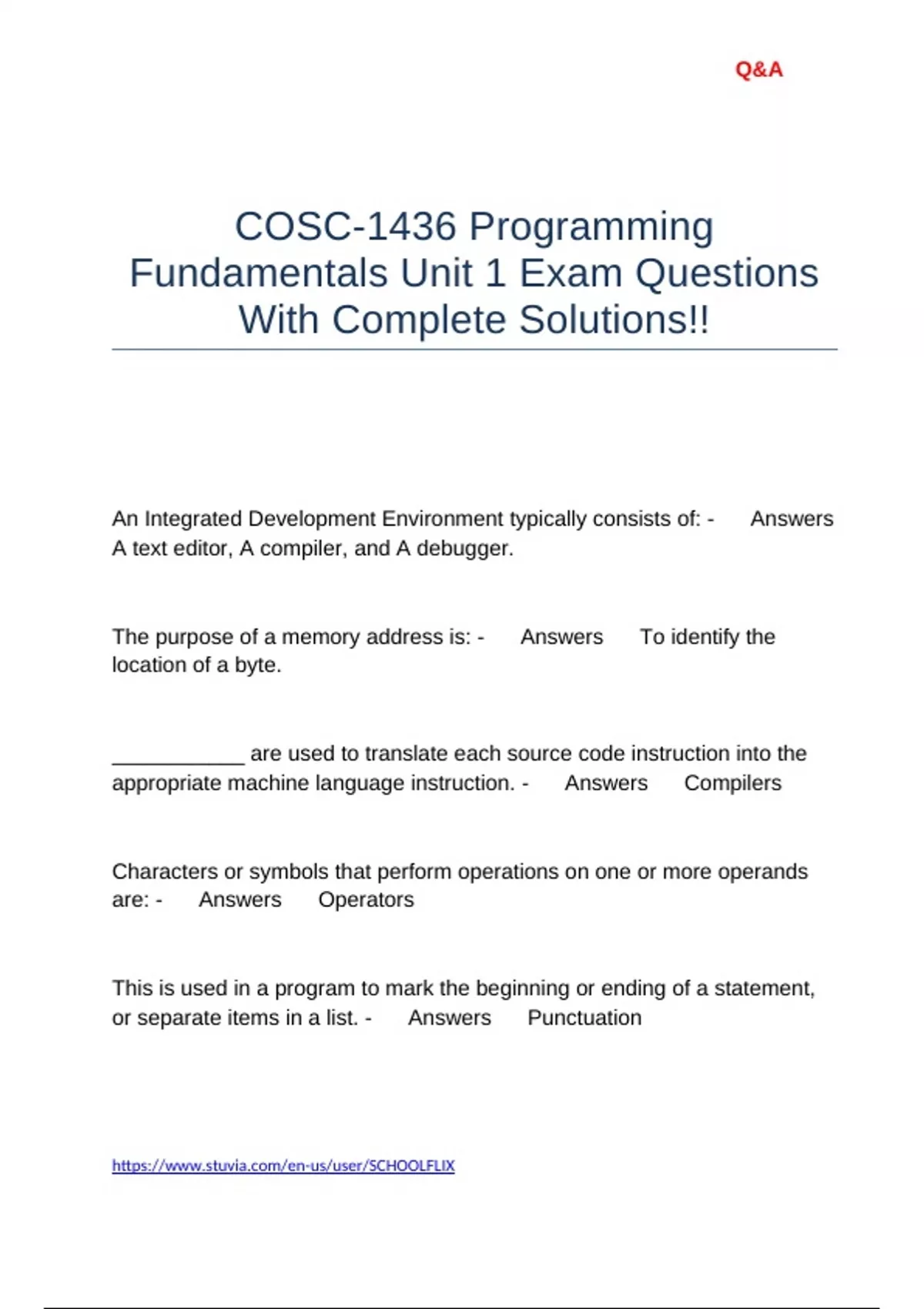 COSC-1436 Programming Fundamentals Unit 1 Exam Questions With Complete Solutions!! - COSC 1436 ...