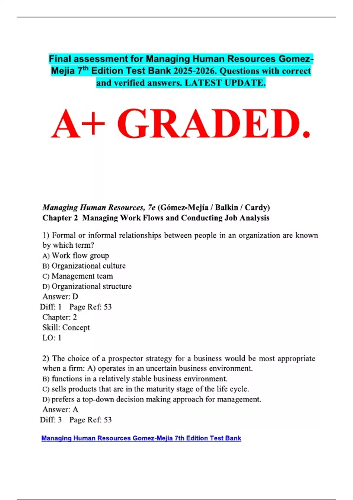 Final assessment for Managing Human Resources Gomez-Mejia 7th Edition ...