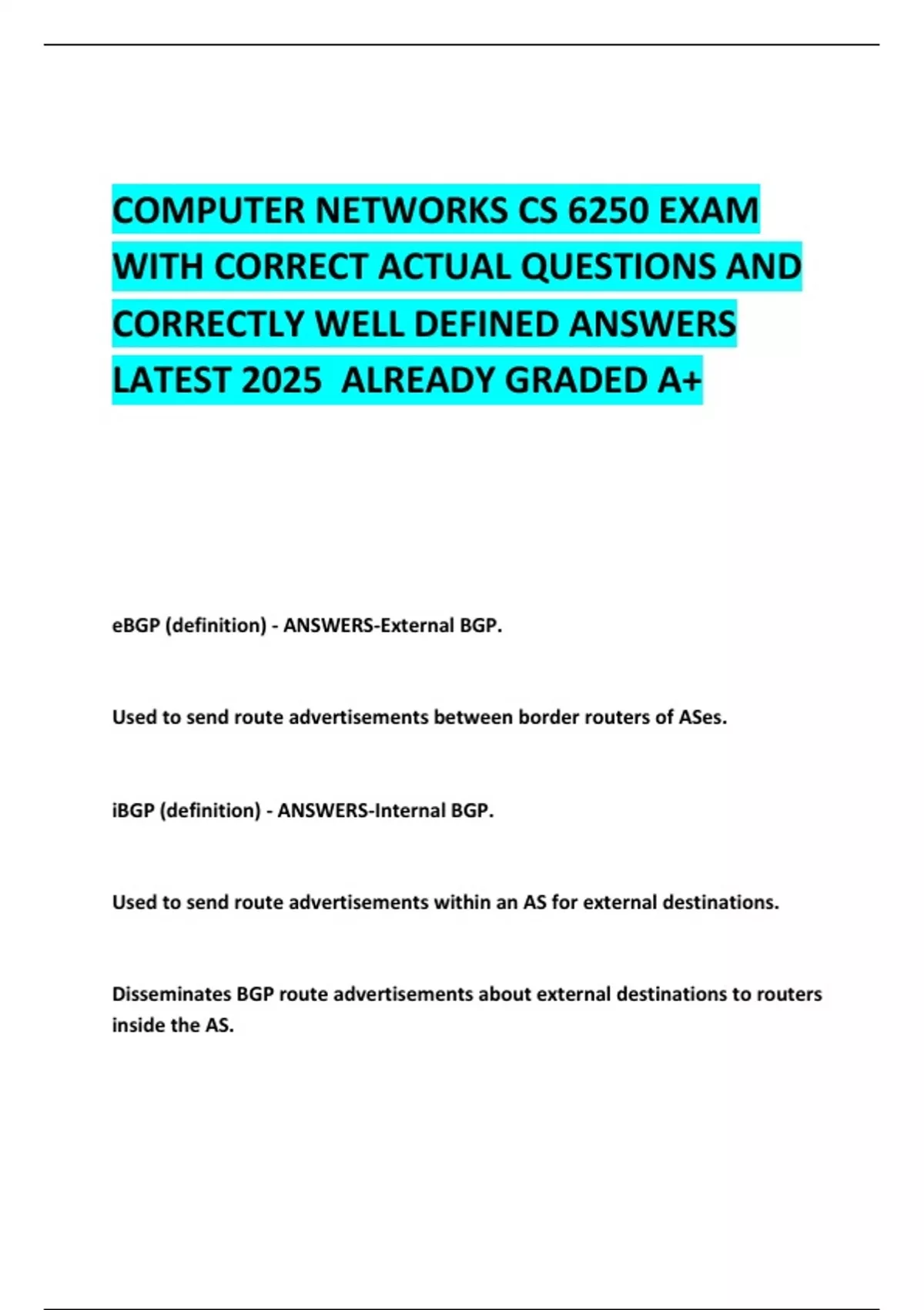 COMPUTER NETWORKS CS 6250 EXAM WITH CORRECT ACTUAL QUESTIONS AND CORRECTLY WELL DEFINED ANSWERS ...