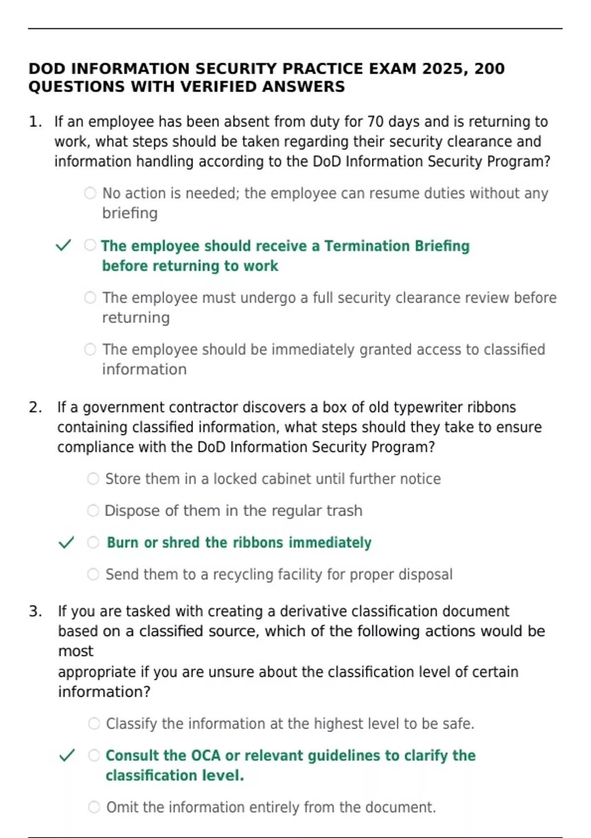 DOD INFORMATION SECURITY PRACTICE EXAM 2025, 200 QUESTIONS WITH ...