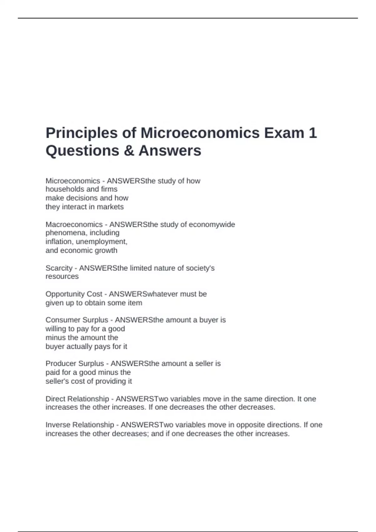 Principles of Microeconomics Exam 1 Questions & Answers - Principles of ...