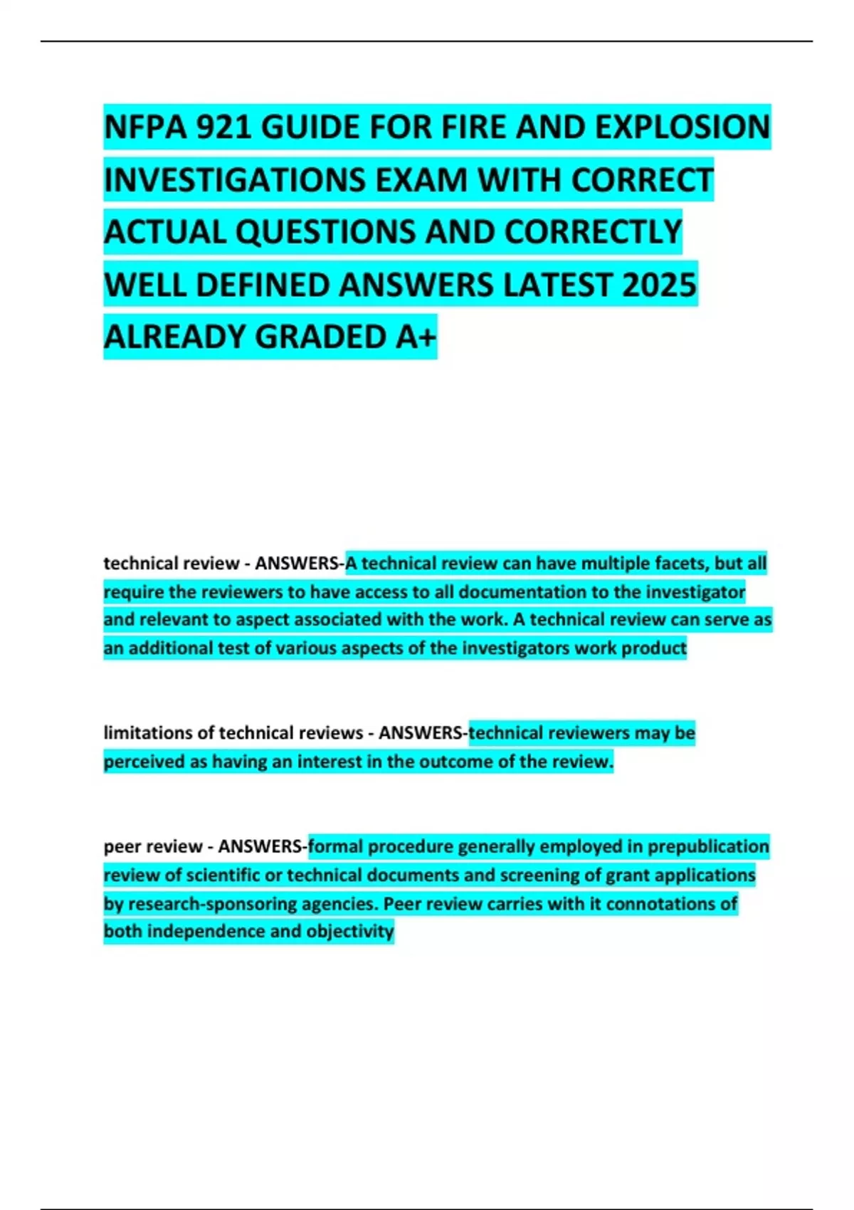 NFPA 921 GUIDE FOR FIRE AND EXPLOSION INVESTIGATIONS EXAM WITH CORRECT ACTUAL QUESTIONS AND ...