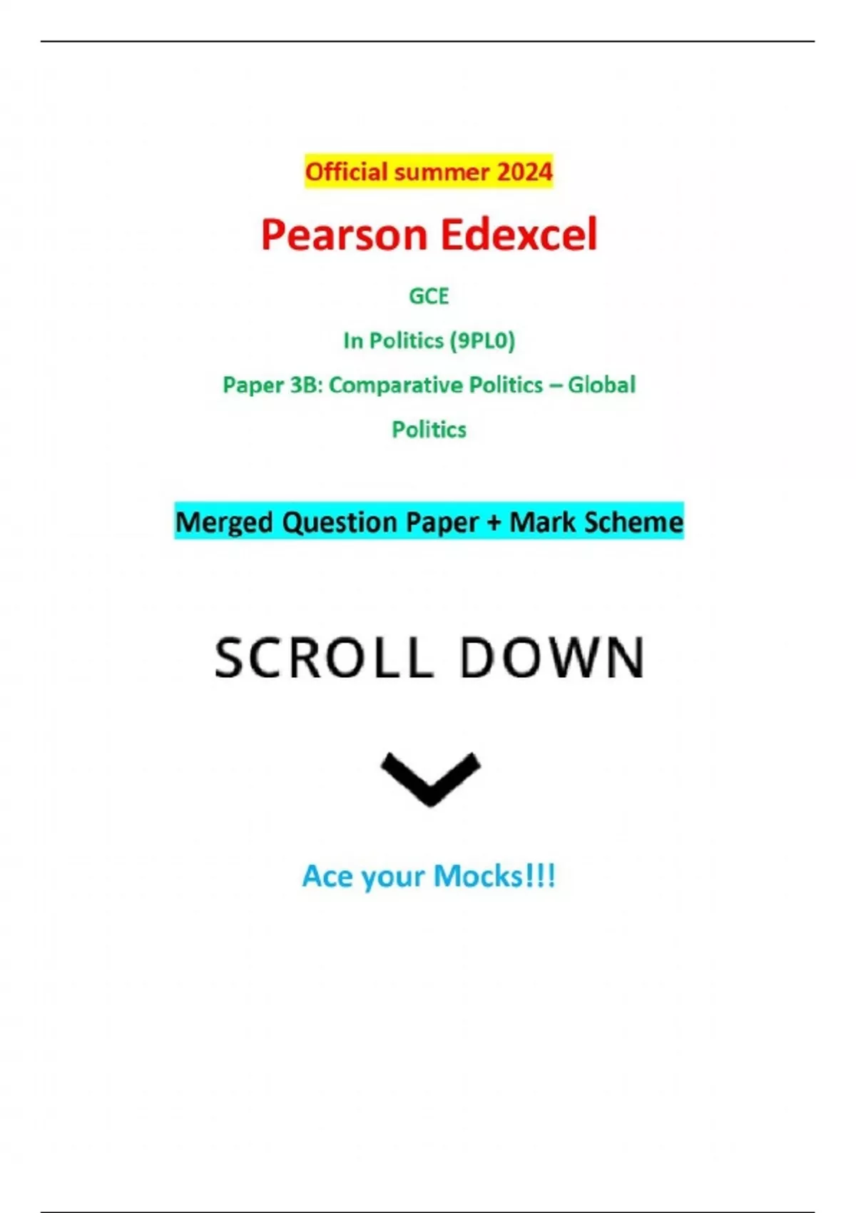 Official summer 2024 Pearson Edexcel GCE In Politics (9PL0) Paper 3B ...