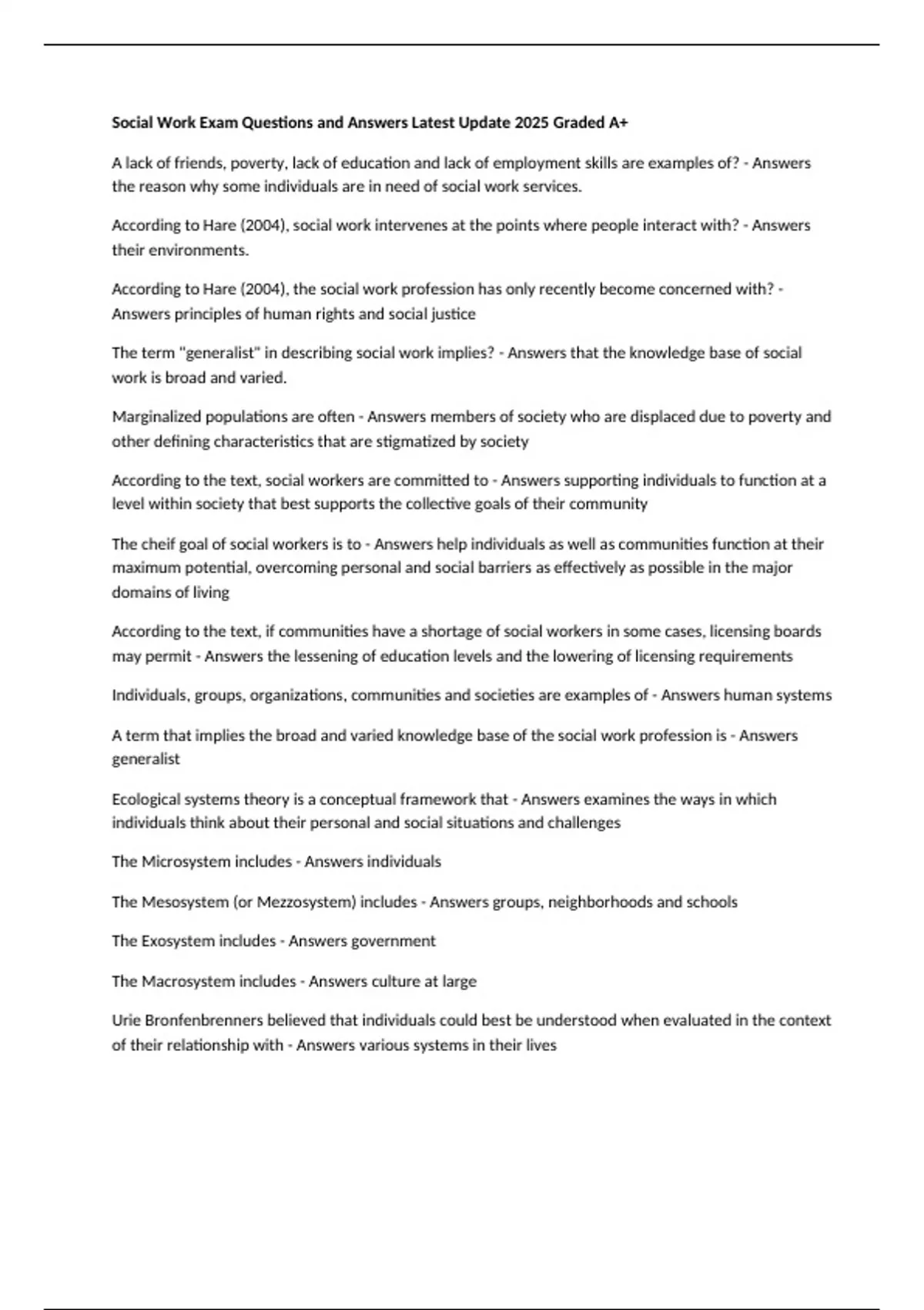 Social Work Exam Questions and Answers Latest Update 2025 Graded A+ ...