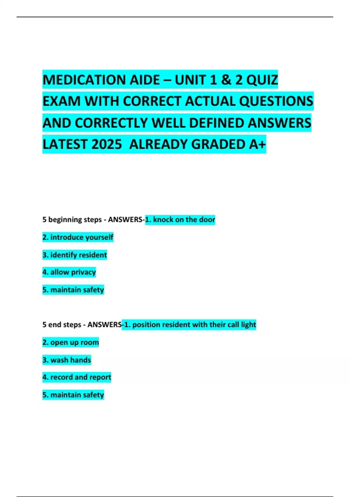 MEDICATION AIDE – UNIT 1 & 2 QUIZ EXAM WITH CORRECT ACTUAL QUESTIONS ...