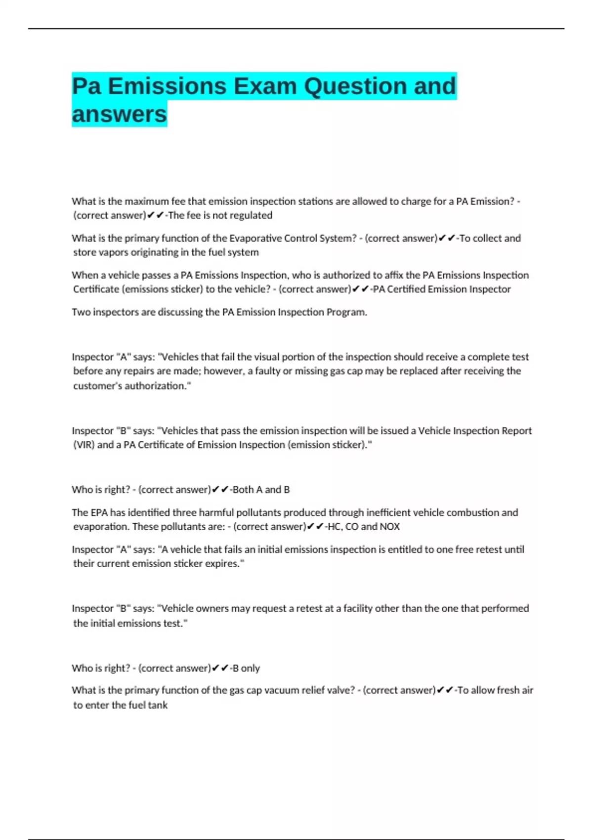 Pa Emissions Exam Question and answers - Pa emissions inspector - Stuvia US