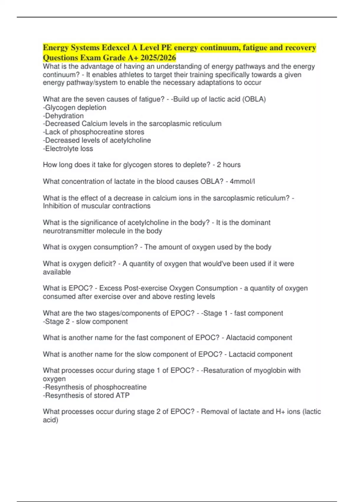 Energy Systems Edexcel A Level PE energy continuum, fatigue and ...