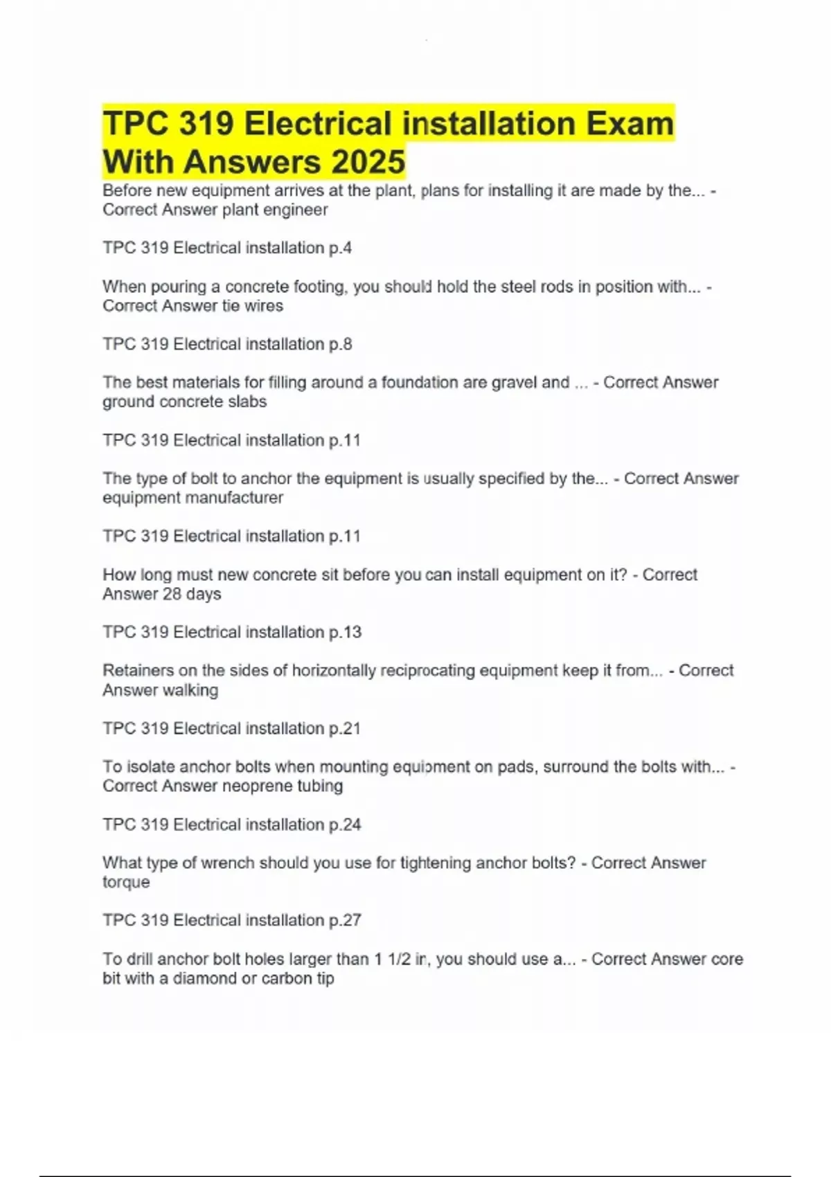 TPC 319 Electrical installation Exam With Answers 2025 - TPC 319 ...