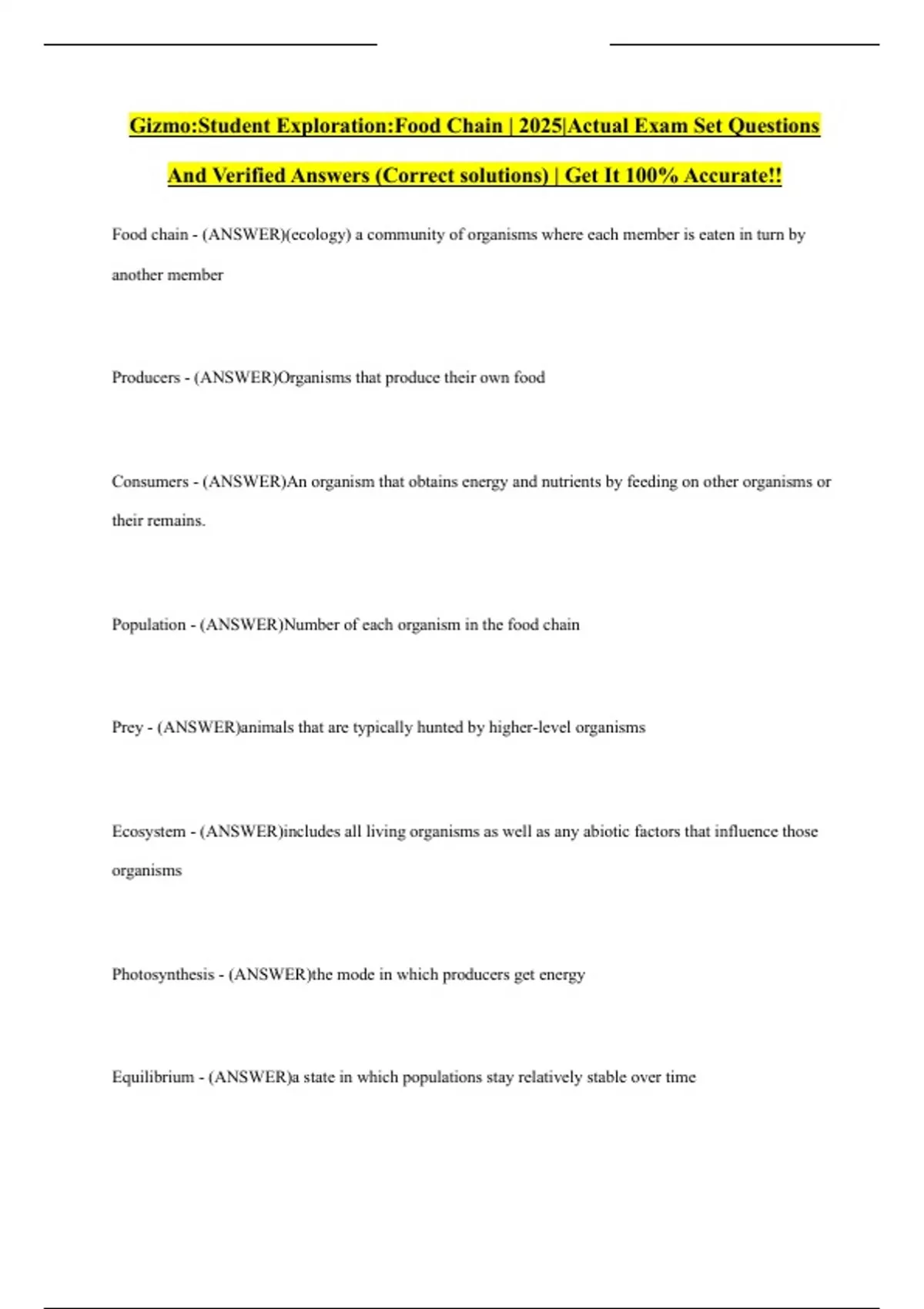 Gizmo:Student Exploration:Food Chain | 2025|Actual Exam Set Questions ...