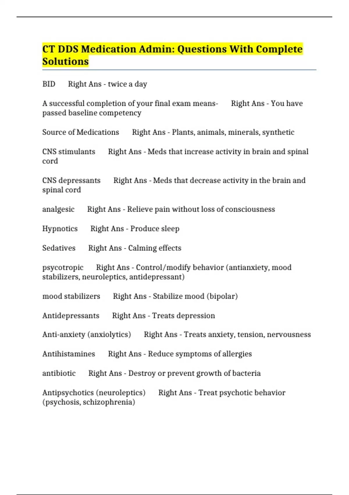 CT DDS Medication Admin: Questions With Complete Solutions - CT DDS Med ...