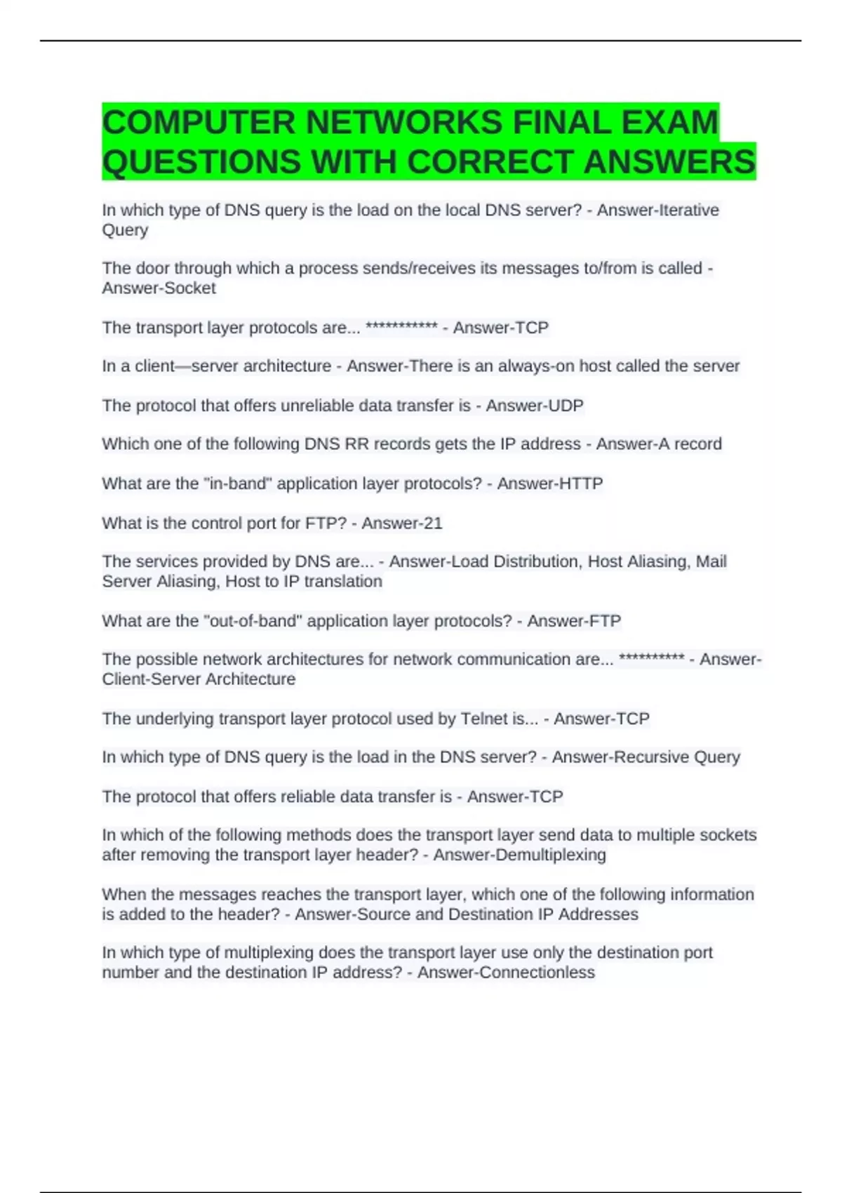 COMPUTER NETWORKS FINAL EXAM QUESTIONS WITH CORRECT ANSWERS - COMPUTER NETWORKING - Stuvia US