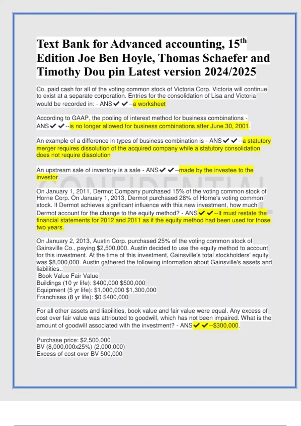 Text Bank for Advanced accounting, 15th Edition Joe Ben Hoyle, Thomas Schaefer and Timothy Dou ...