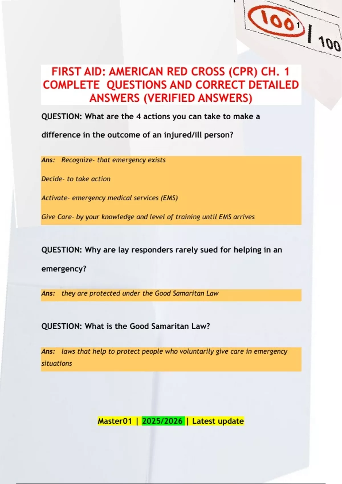 FIRST AID: AMERICAN RED CROSS (CPR) CH. 1 COMPLETE QUESTIONS AND ...