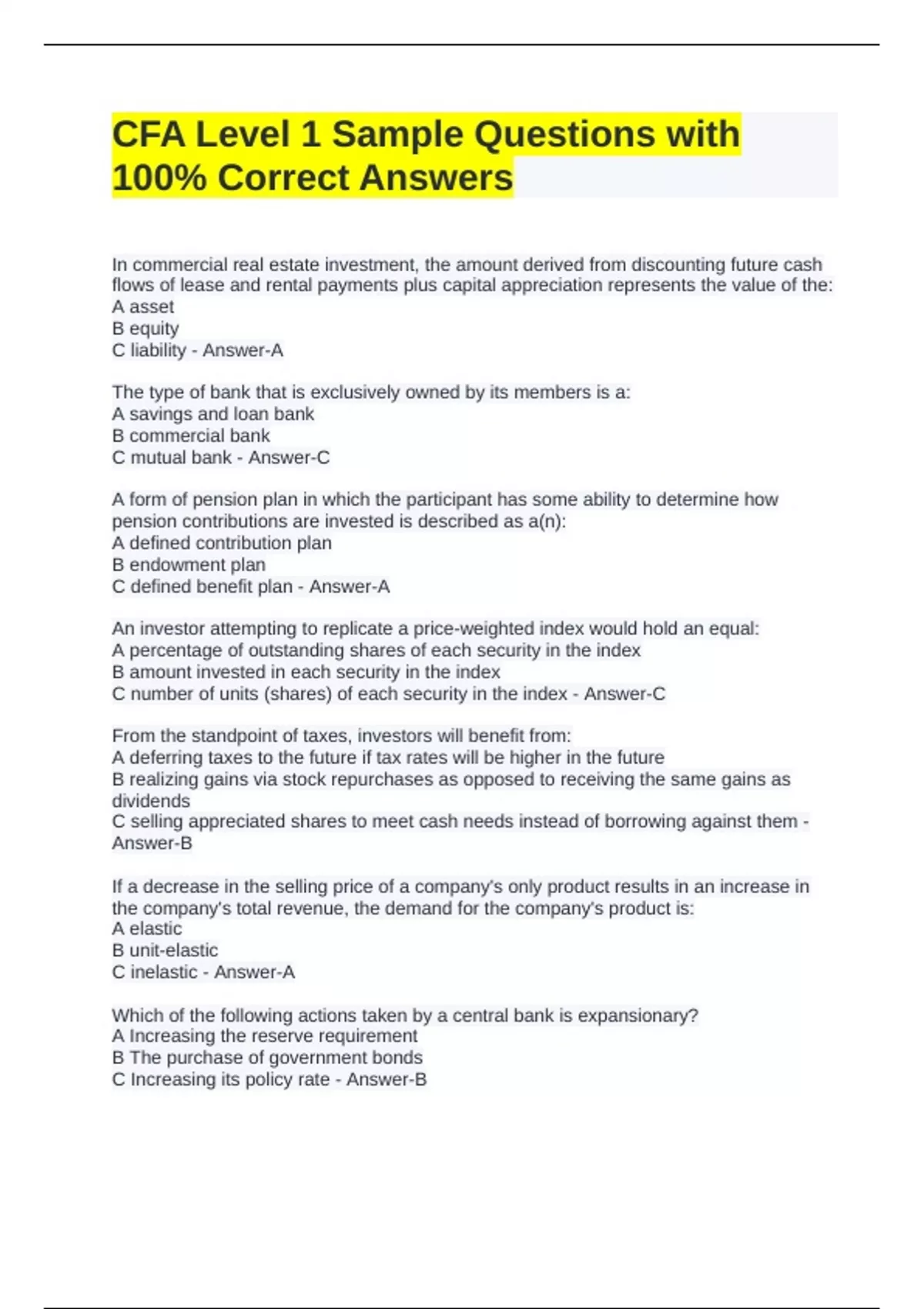 Cfa Level 1 Sample Questions With 100 Correct Answers Cfa Stuvia Us