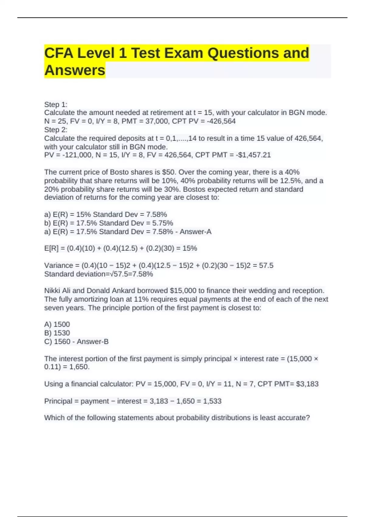 CFA Level 1 Test Exam Questions and Answers - CFA - Stuvia NL