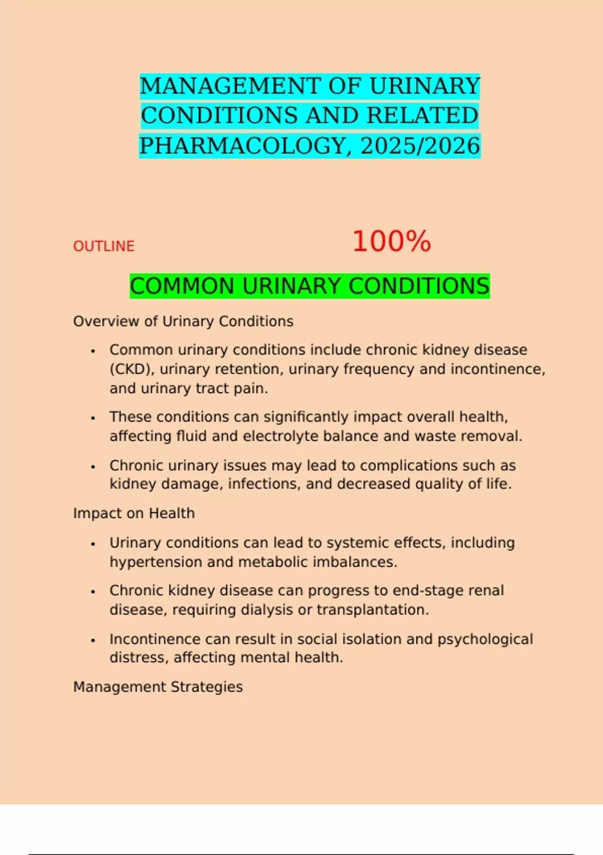 MANAGEMENT OF URINARY CONDITIONS AND RELATED PHARMACOLOGY, 2025/2026 ...