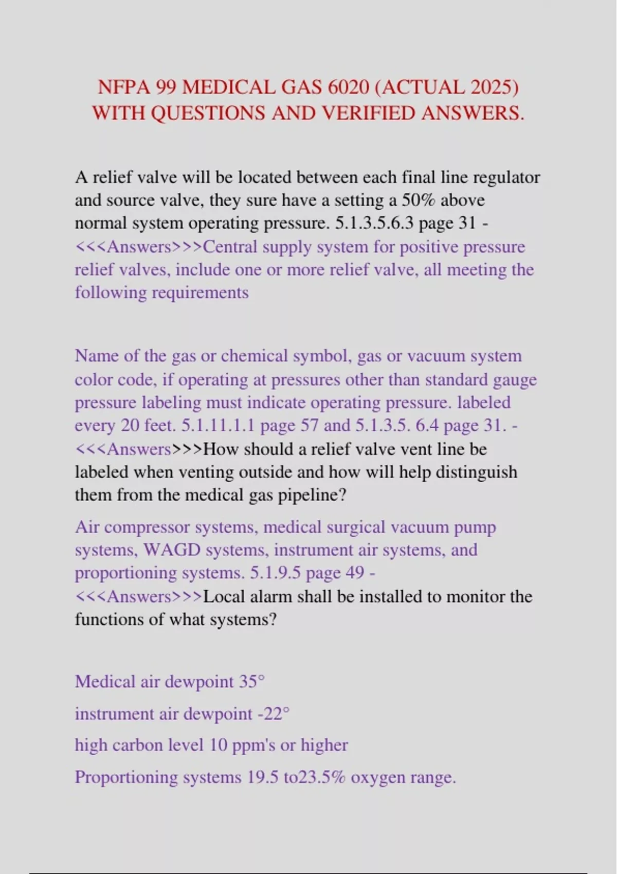 NFPA 99 MEDICAL GAS 6020 (ACTUAL 2025) WITH QUESTIONS AND VERIFIED ...