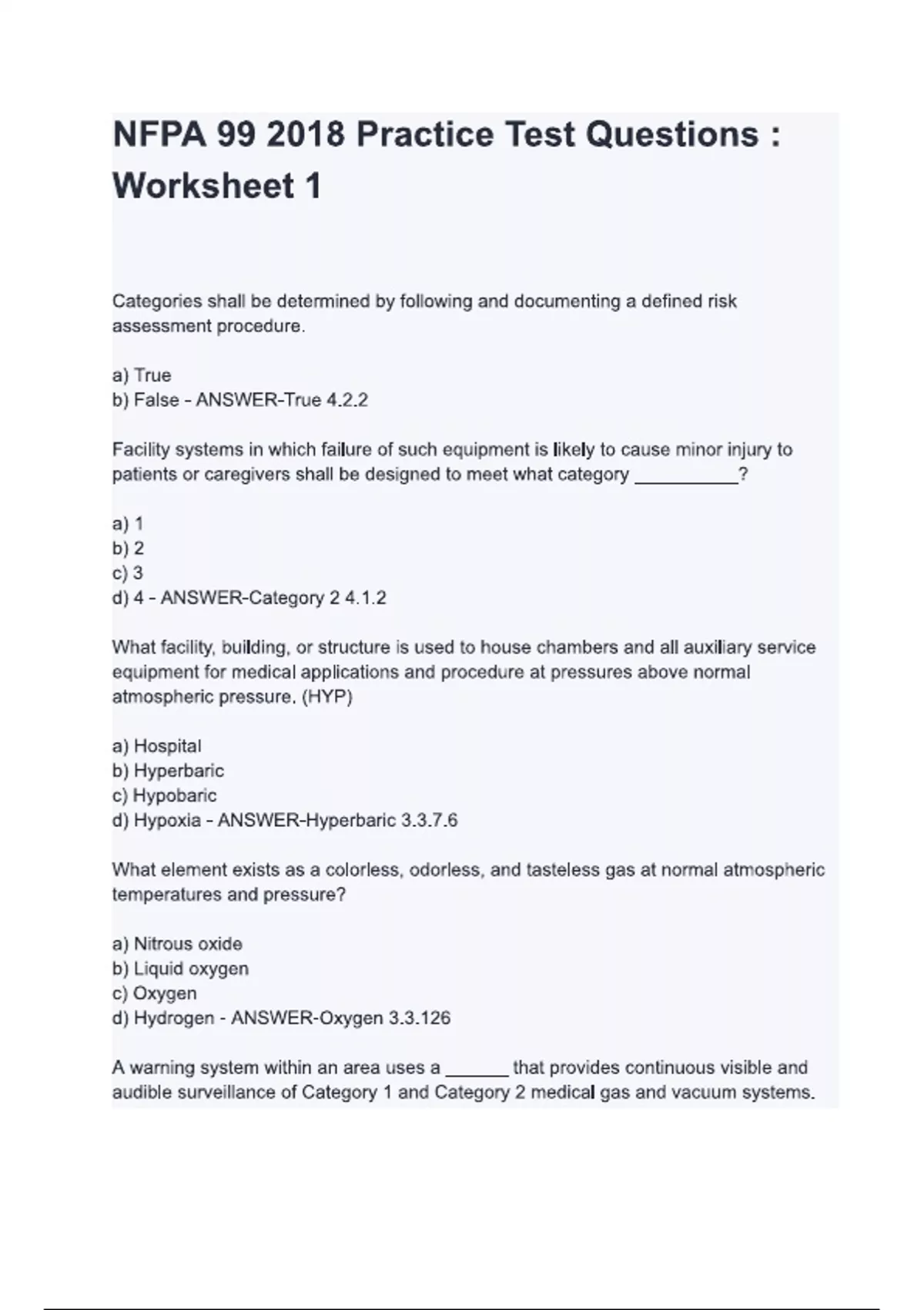 NFPA 99 2018 Practice Test Questions Worksheet 1 questions and answers ...