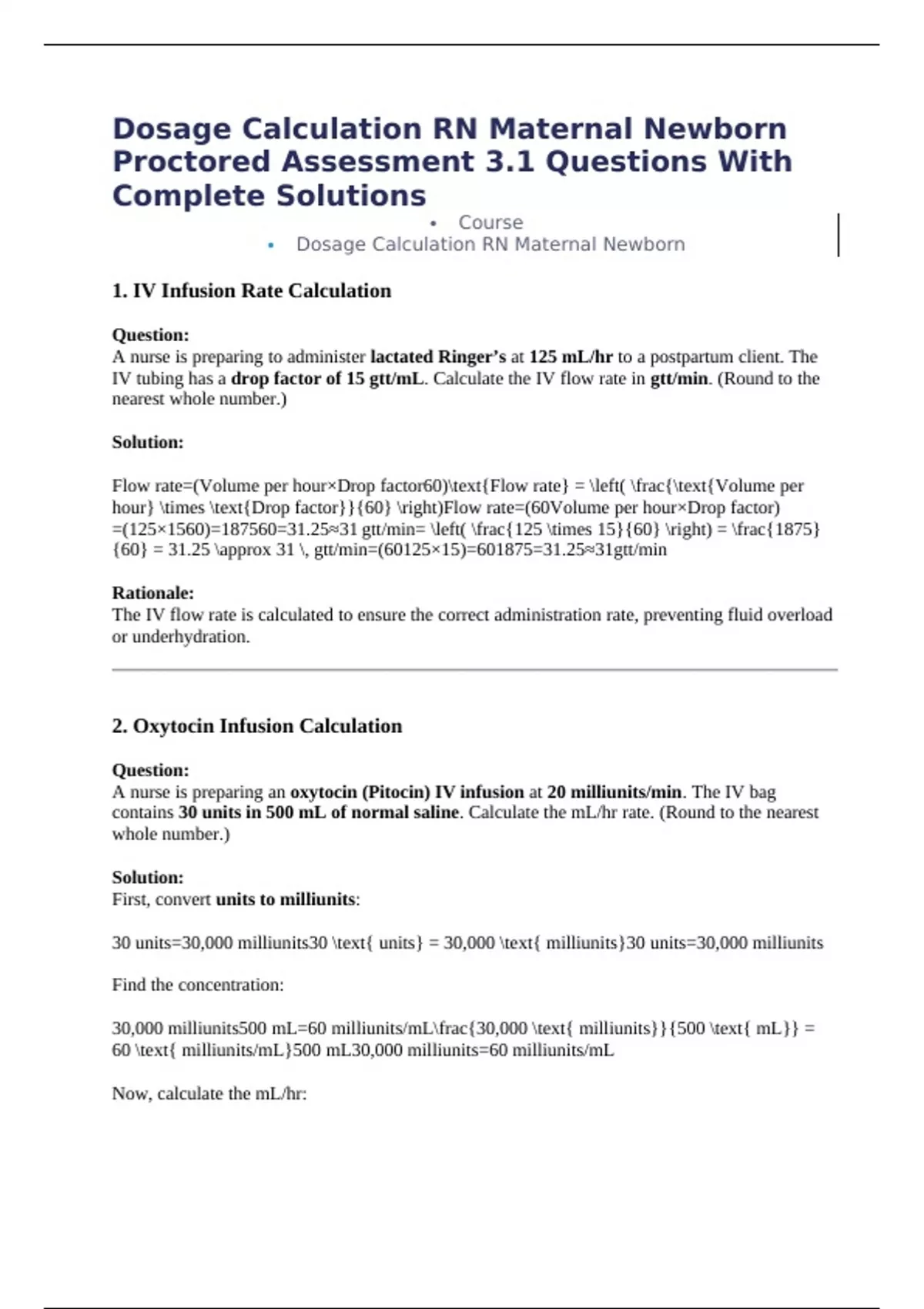 Dosage Calculation RN Maternal Newborn Proctored Assessment 3.1 ...