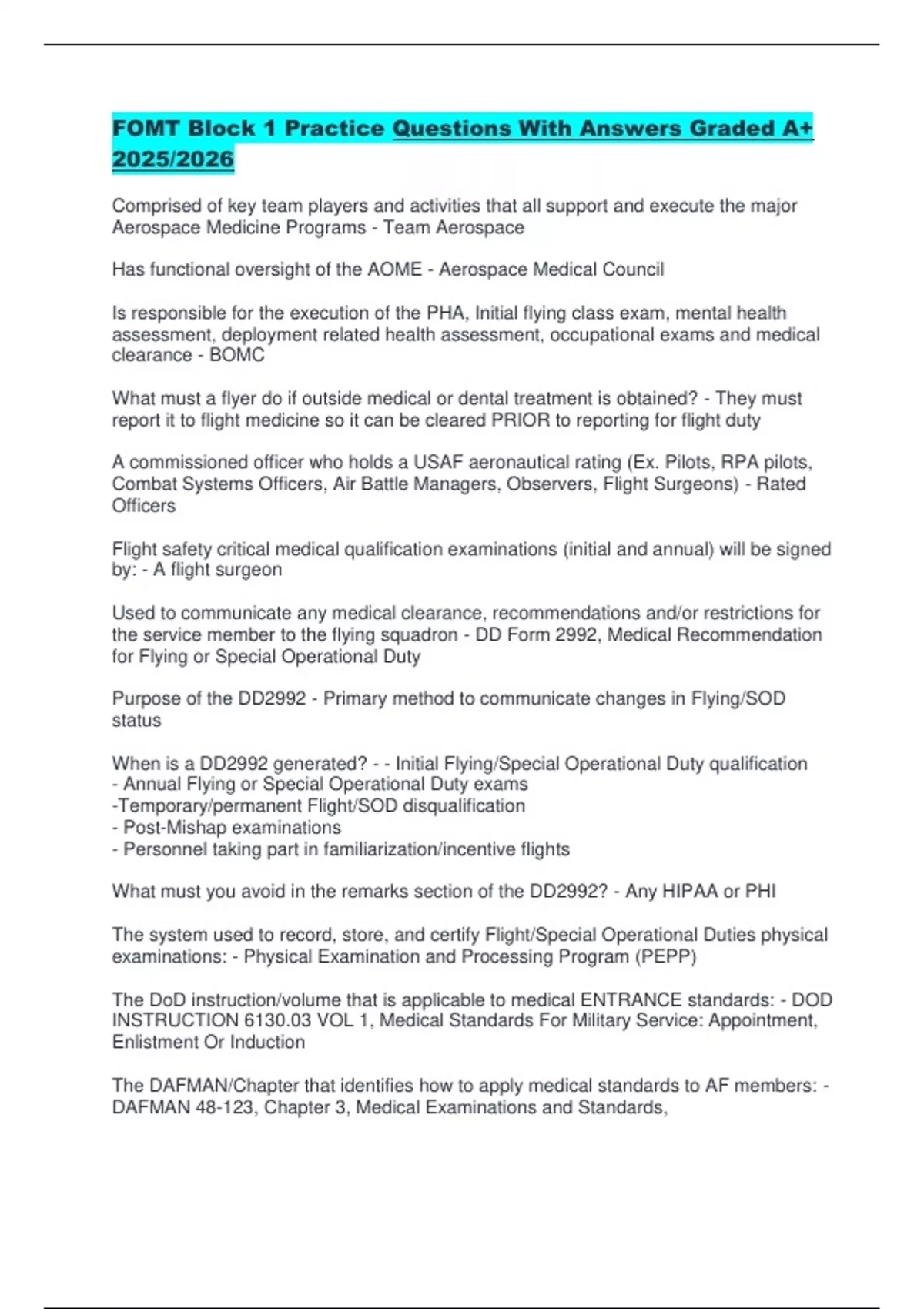 FOMT Block 1 Practice Questions With Answers Graded A+ 2025/2026 - FOMT ...