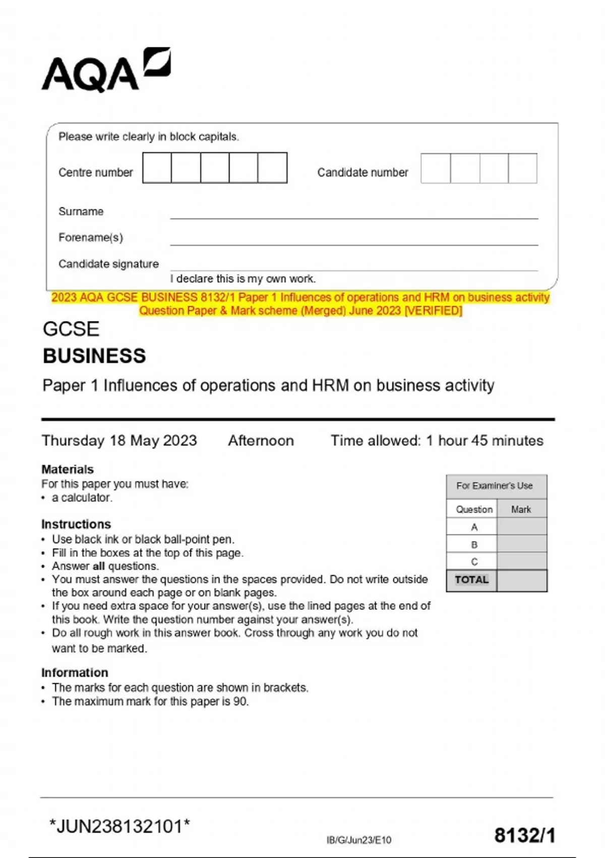 2023 AQA GCSE BUSINESS 8132/1 Paper 1 Influences of operations and HRM ...