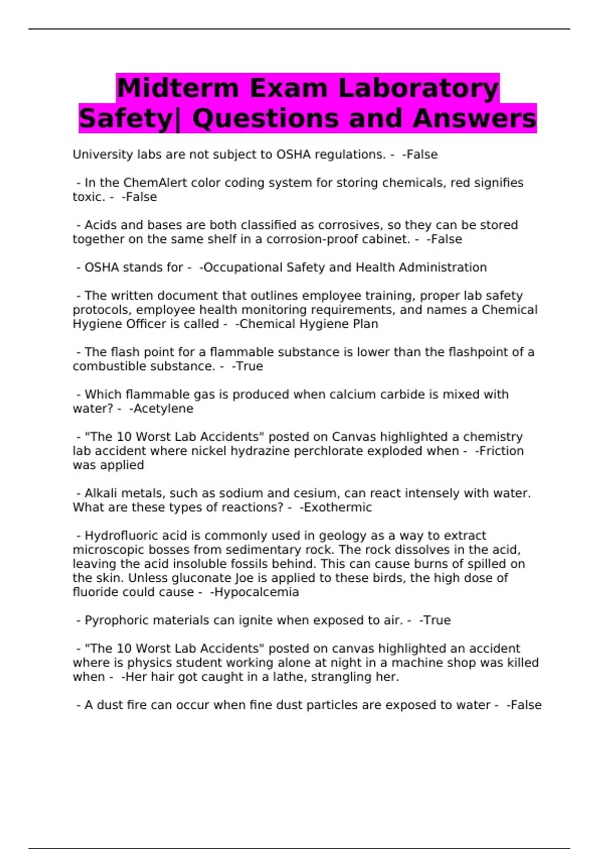 Midterm Exam Laboratory Safety| Questions and Answers - Laboratory ...