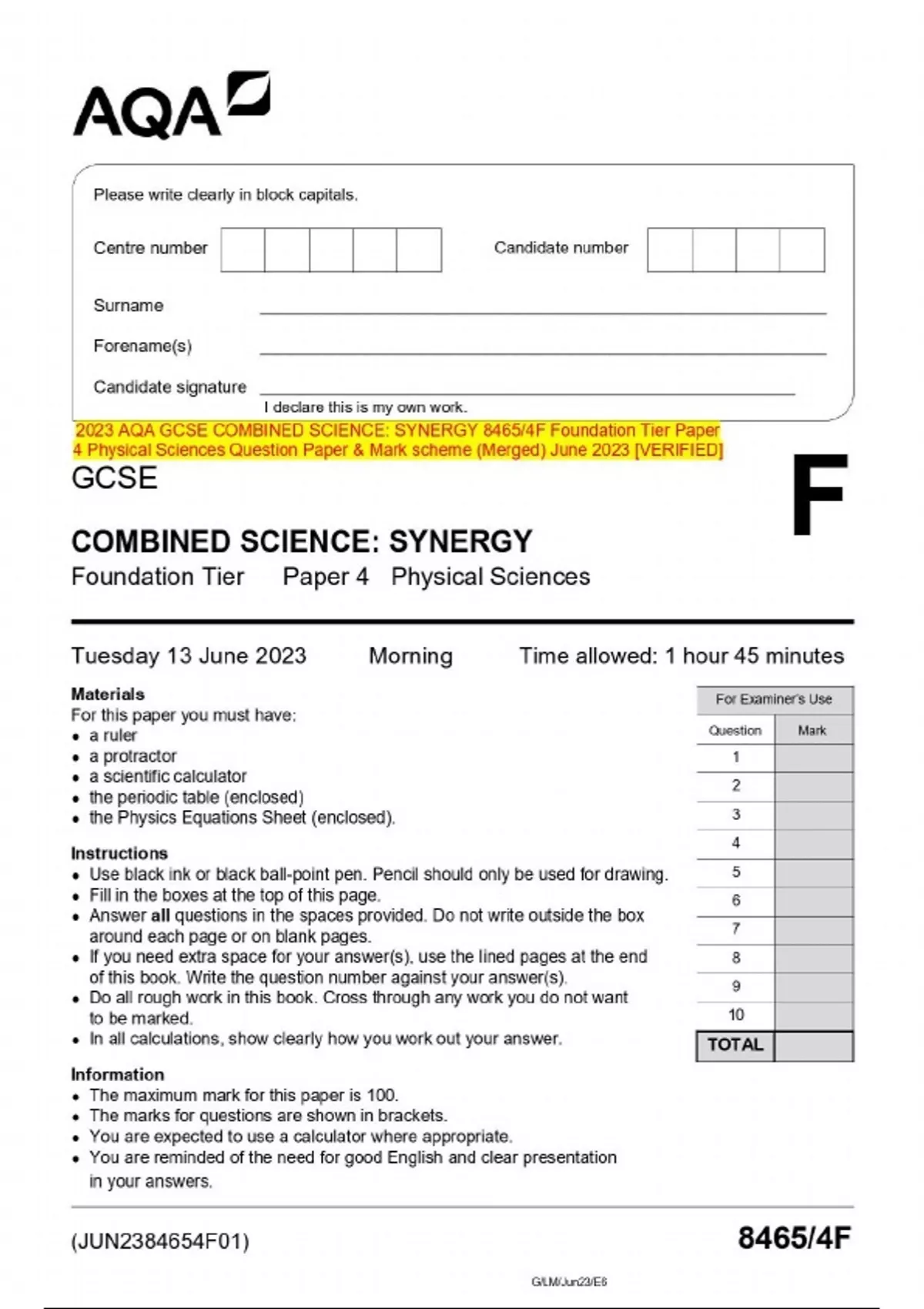 2023 AQA GCSE COMBINED SCIENCE: SYNERGY 8465/4F Foundation Tier Paper 4 ...