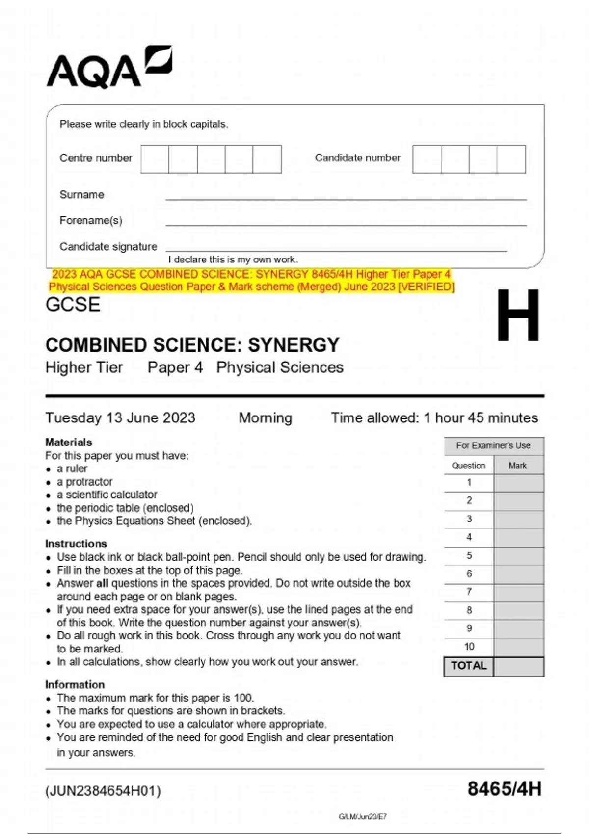 2023 AQA GCSE COMBINED SCIENCE: SYNERGY 8465/4H Higher Tier Paper 4 ...