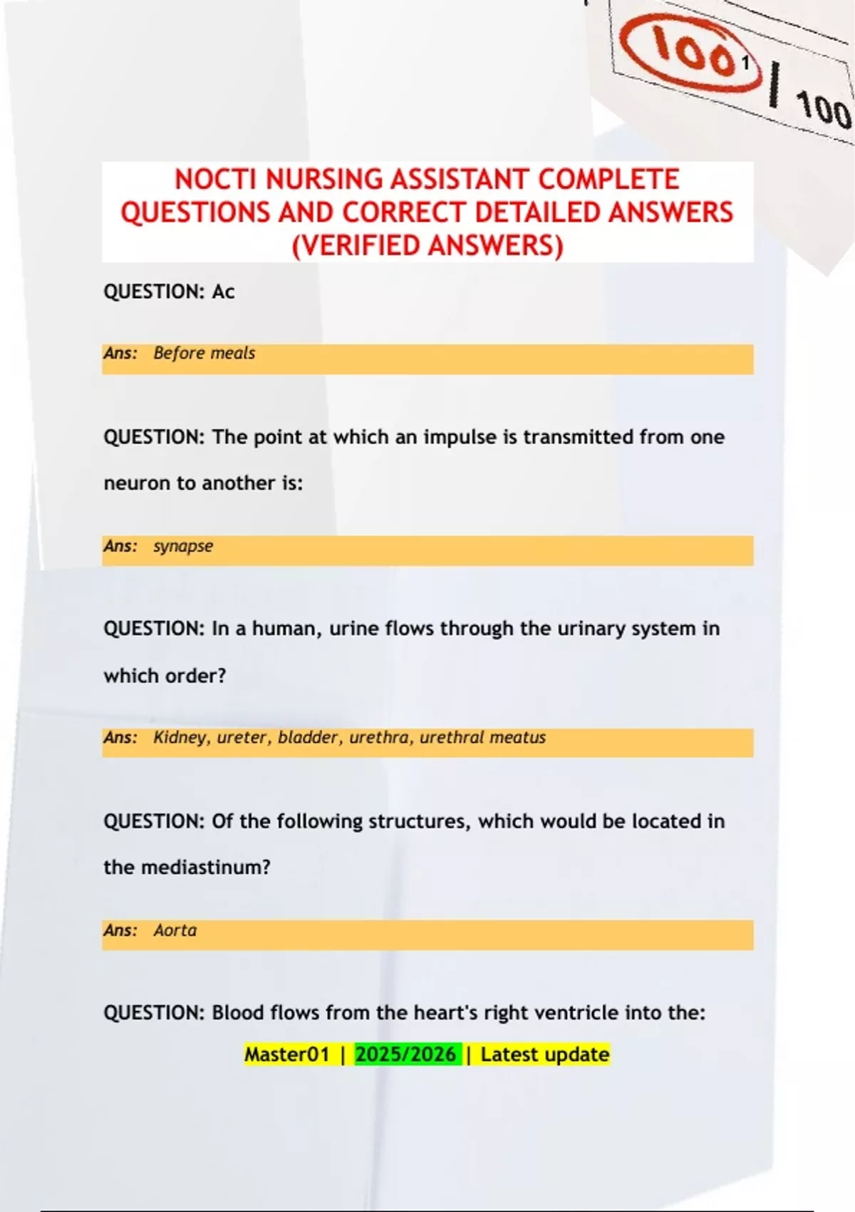 NOCTI NURSING ASSISTANT COMPLETE QUESTIONS AND CORRECT DETAILED ANSWERS ...