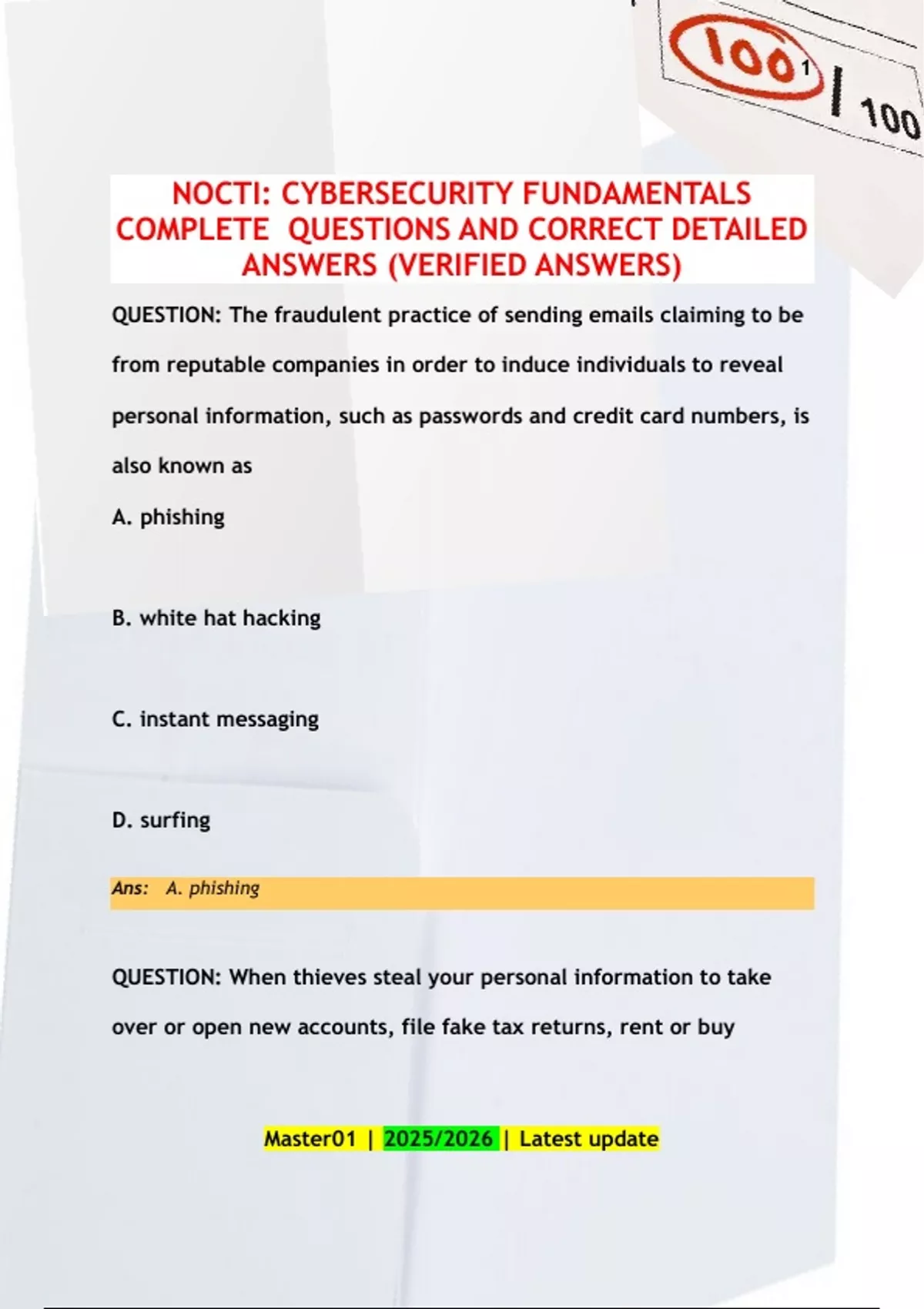 NOCTI: CYBERSECURITY FUNDAMENTALS COMPLETE QUESTIONS AND CORRECT ...