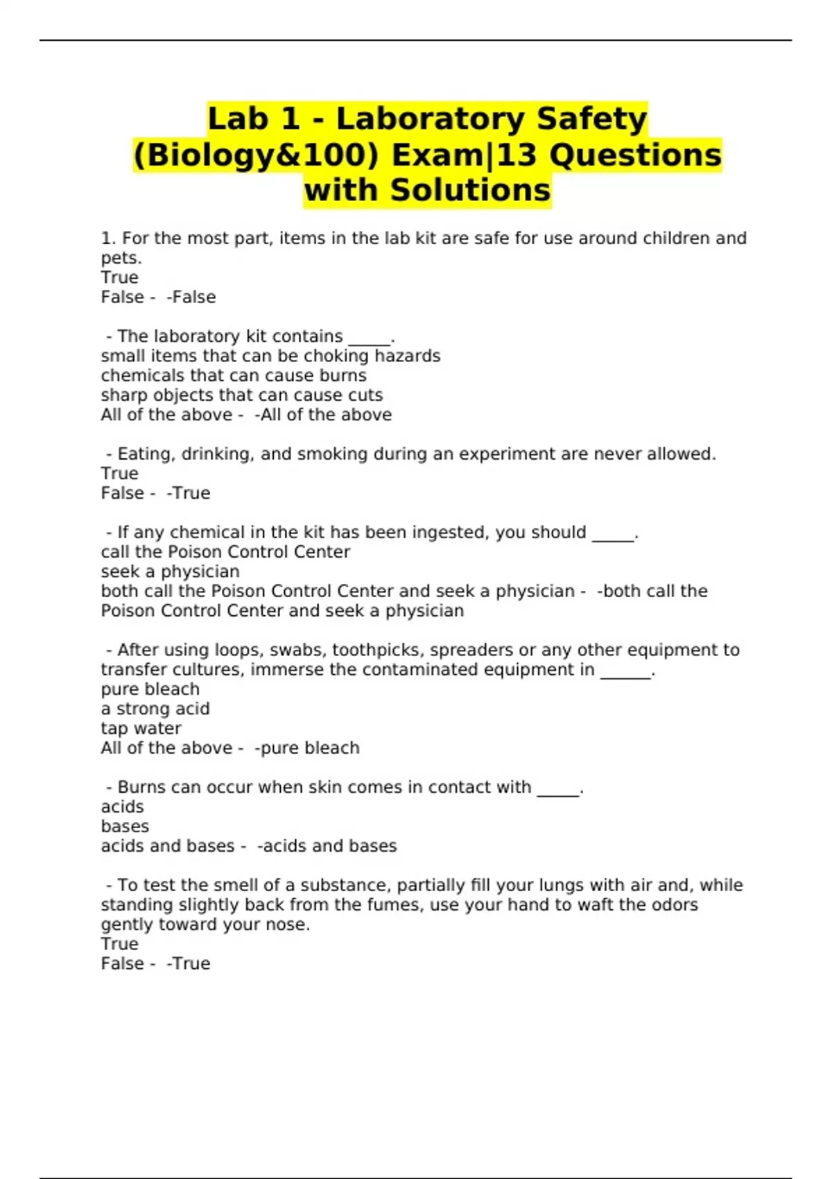 Lab 1 - Laboratory Safety (Biology&100) Exam|13 Questions with ...