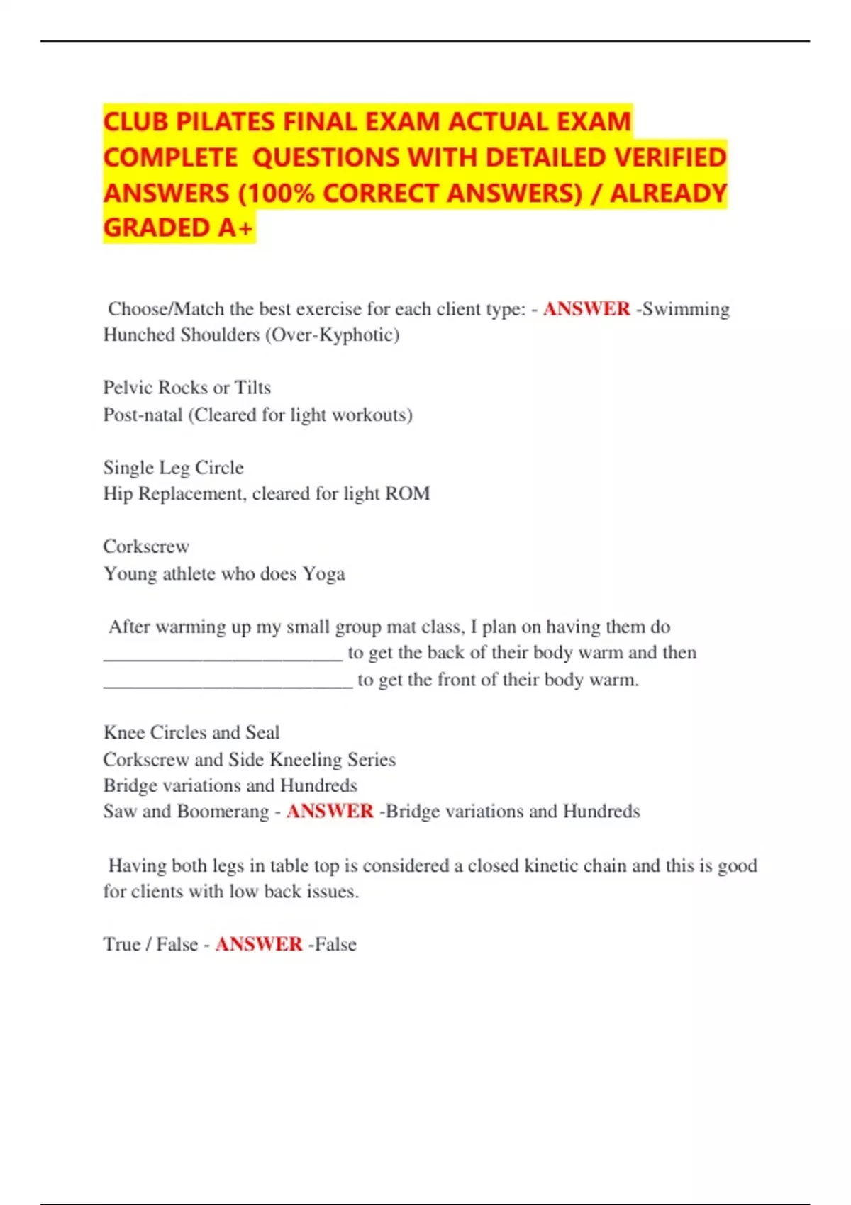 CLUB PILATES FINAL EXAM ACTUAL EXAM COMPLETE QUESTIONS WITH DETAILED ...
