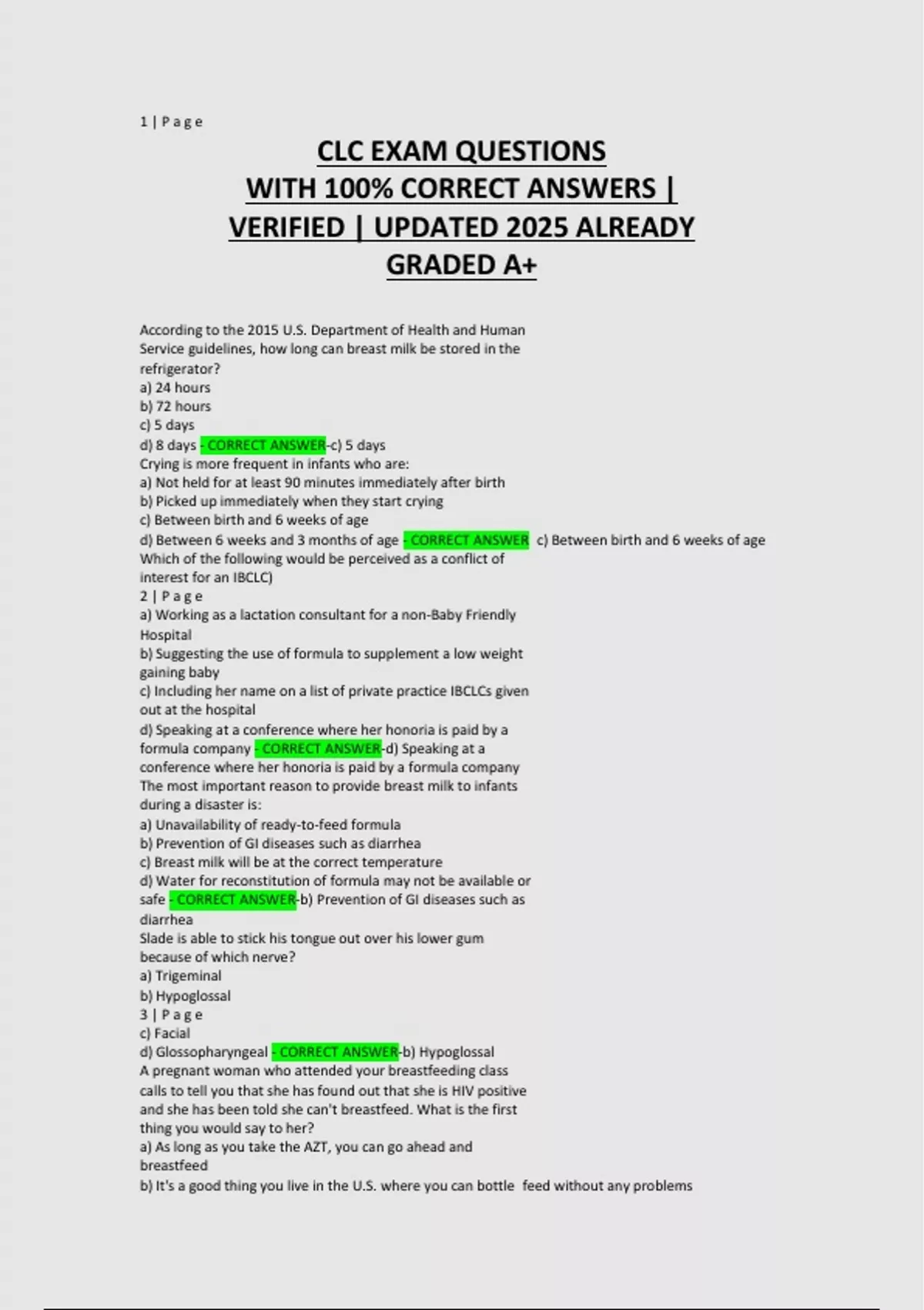 CLC PRACTICE EXAM QUESTIONS WITH CORRECT ANSWERS UPDATED 2025 ALREADY GRADED A - Stuvia US