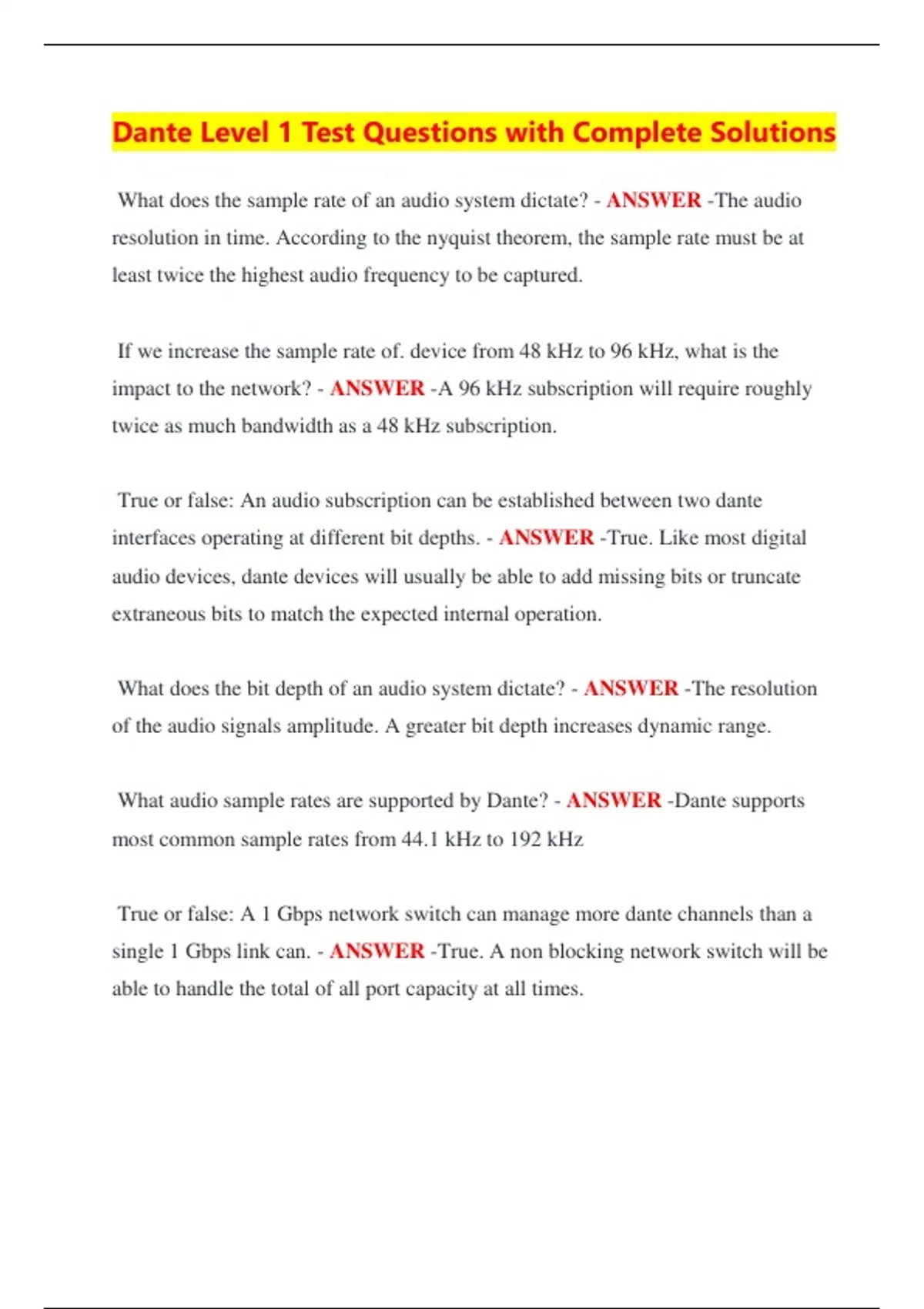 Dante Level 1 Test Questions with Complete Solutions - Dante Level 1 ...