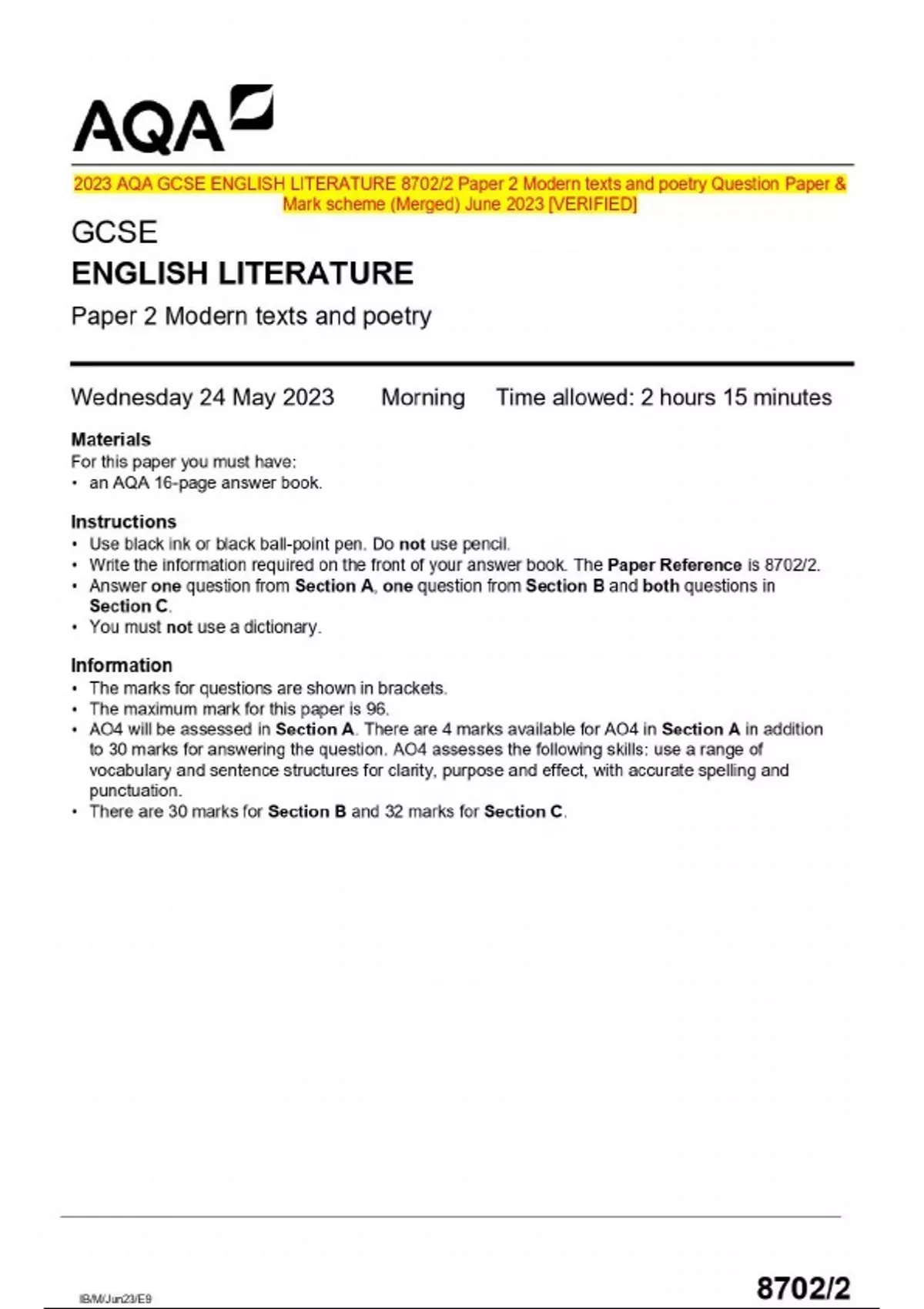 AQA GCSE ENGLISH LITERATURE 8702/2 Paper 2 Modern texts and poetry ...
