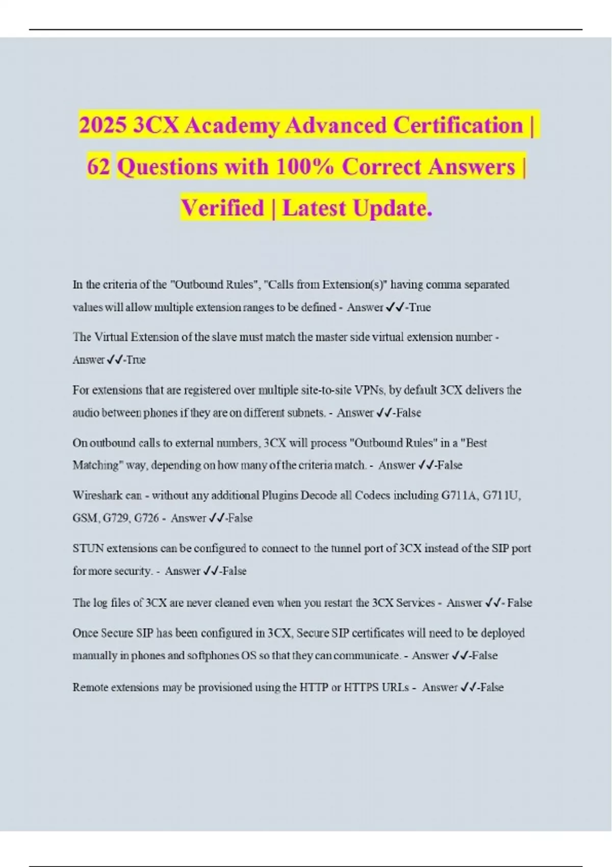 2025 3CX Academy Advanced Certification | 62 Questions with 100% ...